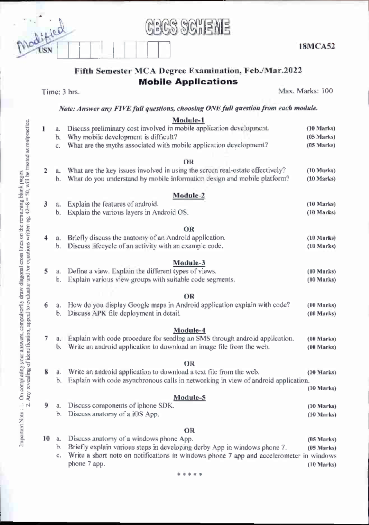 SCH 18MCA52 - Modified CBCS SCHEME 18MCA52 USN Fifth Semester MCA Degree Examination, Mobile ...