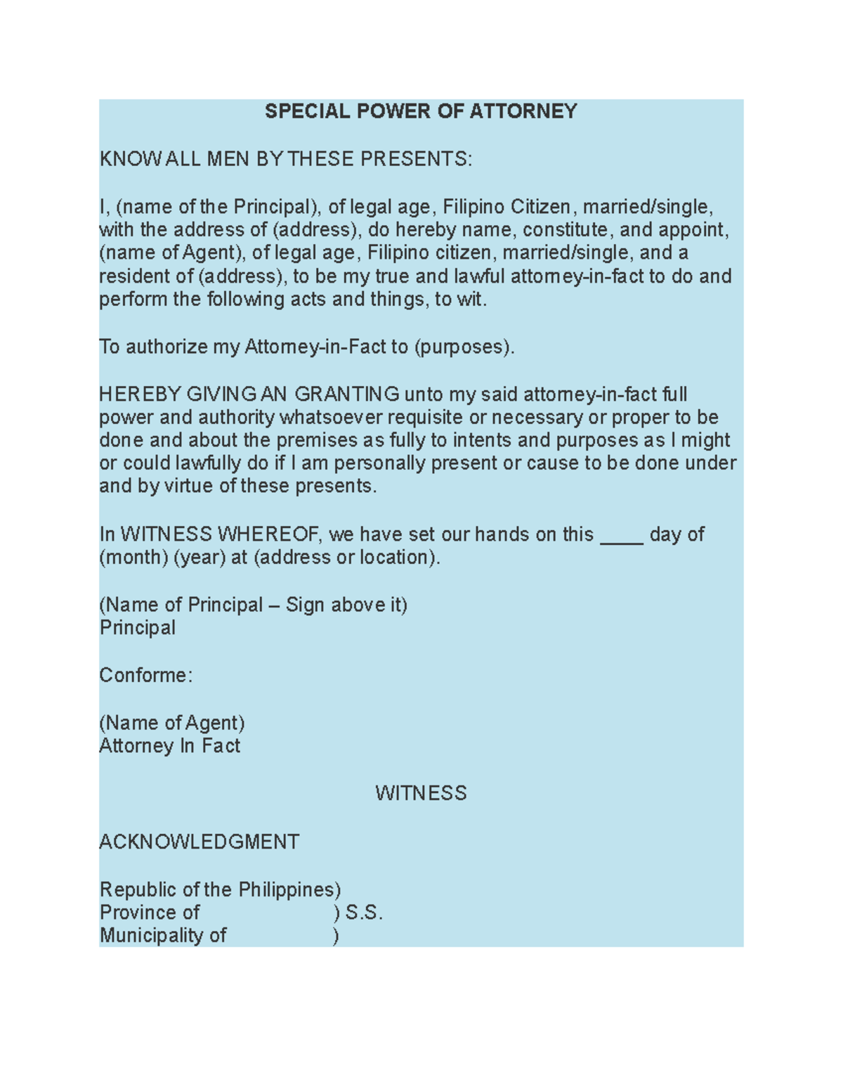 Special Power OF Attorney Sample and Activity - SPECIAL POWER OF ...