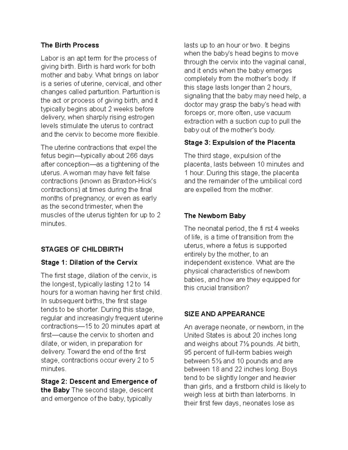 Birth and Physical Development - The Birth Process Labor is an apt term ...