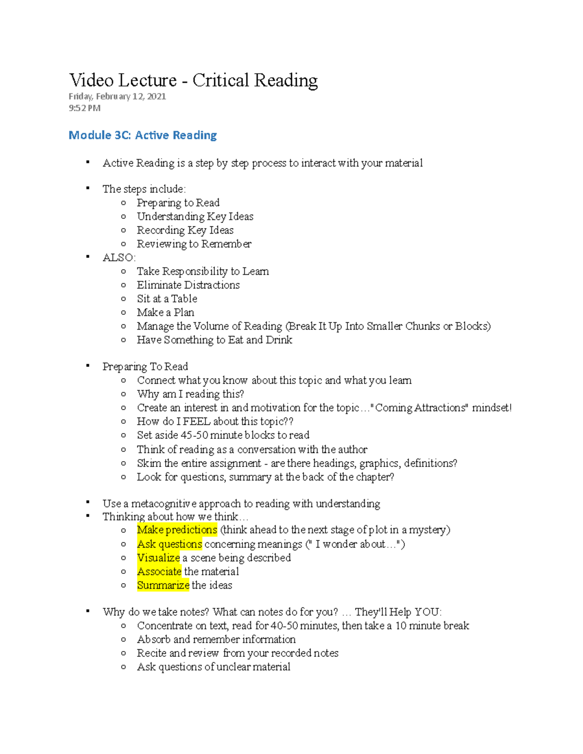 Week 3 Lecture Notes - Critical Reading - Video Lecture - Critical ...
