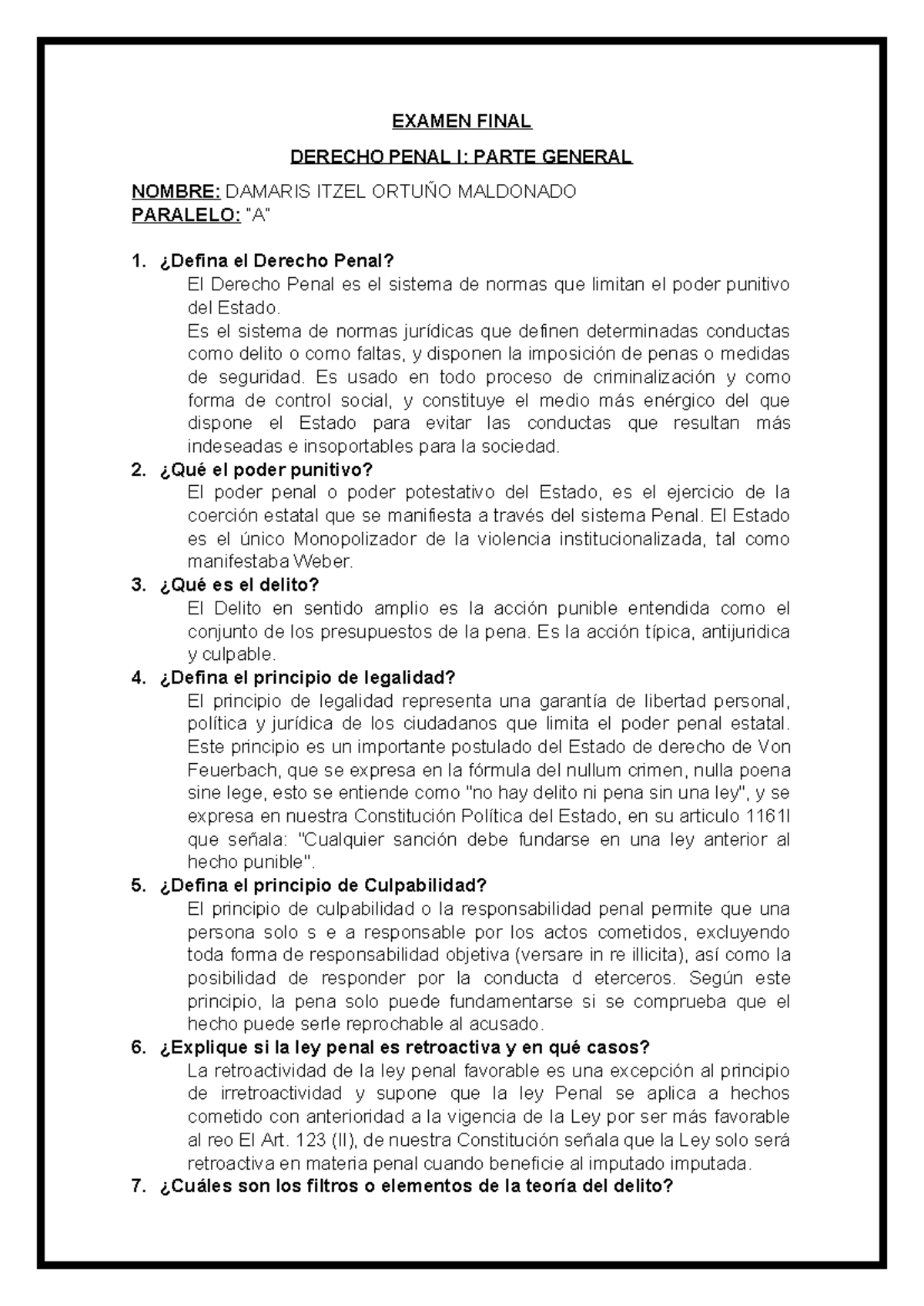 Examen Final DEr Penal 1 WORD - EXAMEN FINAL DERECHO PENAL I: PARTE ...