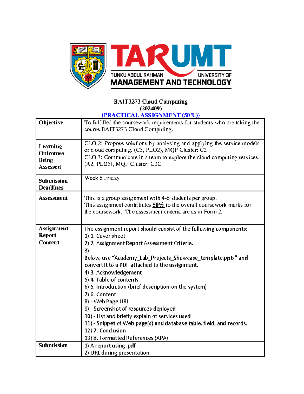 Bait3273 Assignment - Good - BAIT3273 Cloud Computing (202 409 ) (PRACTICAL ASSIGNMENT (50% ...