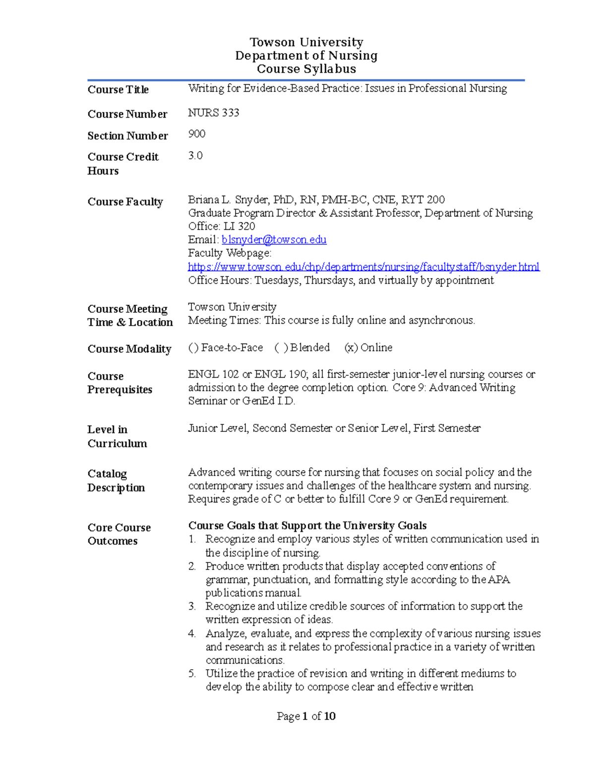 NURS 333 900 Writing for Evidence-Based Practice Fall 2022 - Department ...
