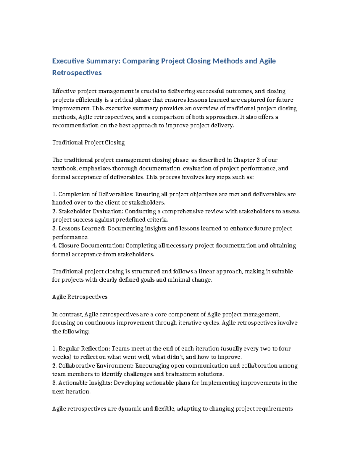 Executive Summary Project Closing and Agile Retrospectives - Executive ...