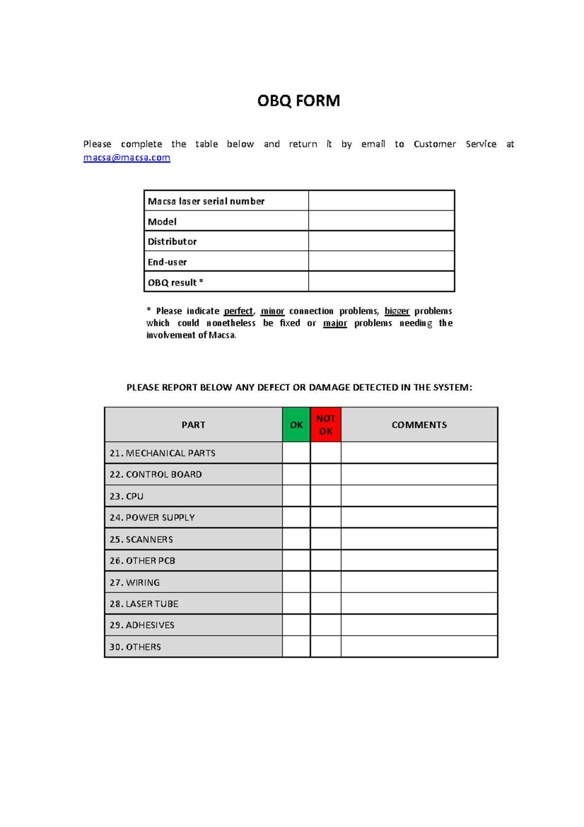 OBQ FORM - OBQ FORM Please complete the table below and return it by ...