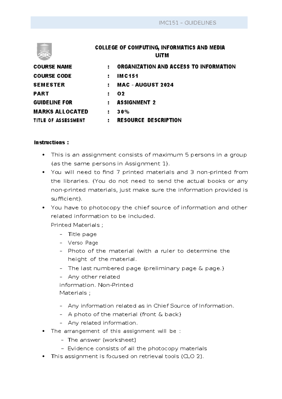 Guideline FOR Assignment 2 MAC 2024 Contoh - FOR COLLEGE OF COMPUTING, INFORMATICS AND MEDIA ...