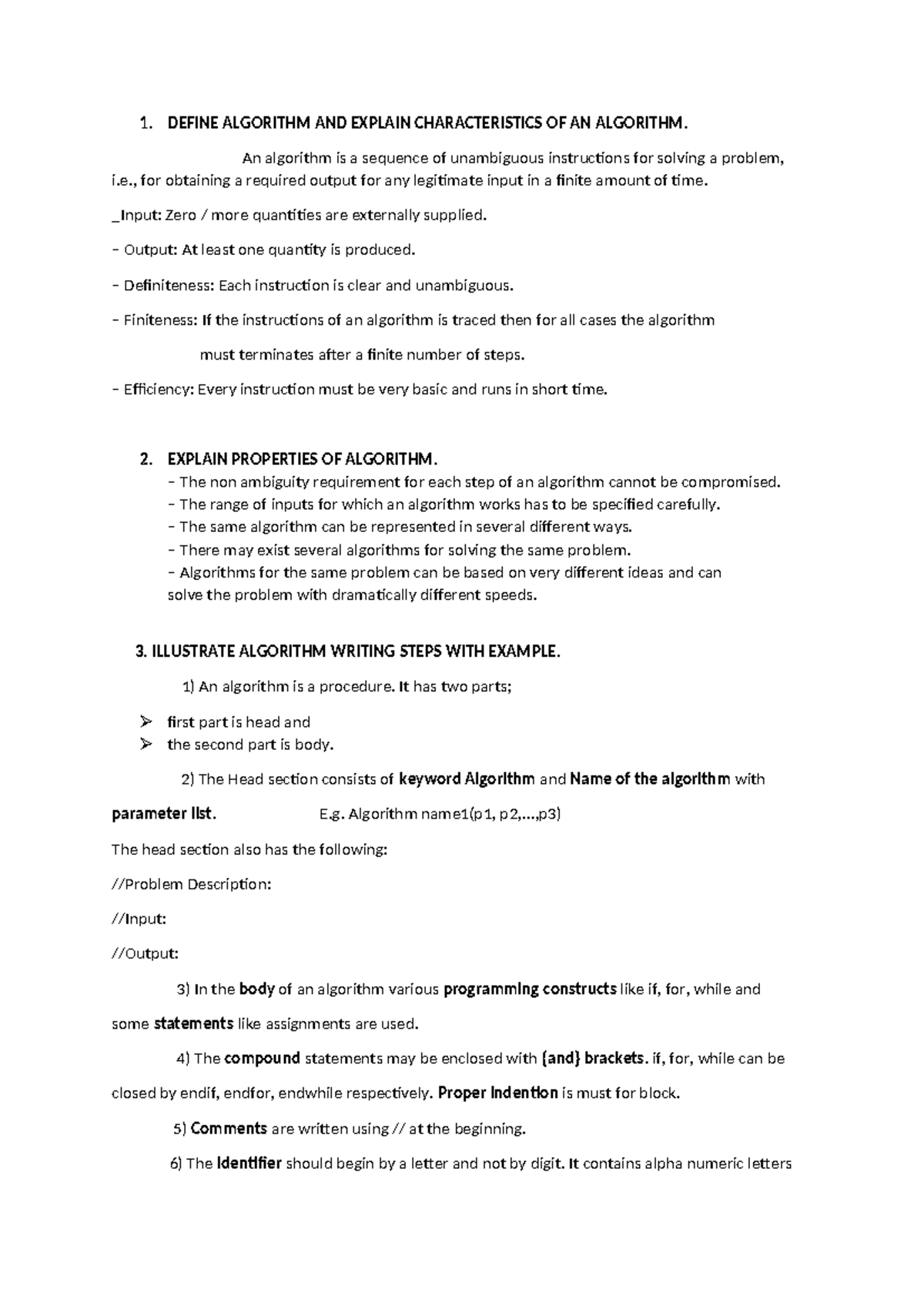 Daa unit 1 - nil - 1. DEFINE ALGORITHM AND EXPLAIN CHARACTERISTICS OF AN ALGORITHM. An algorithm ...