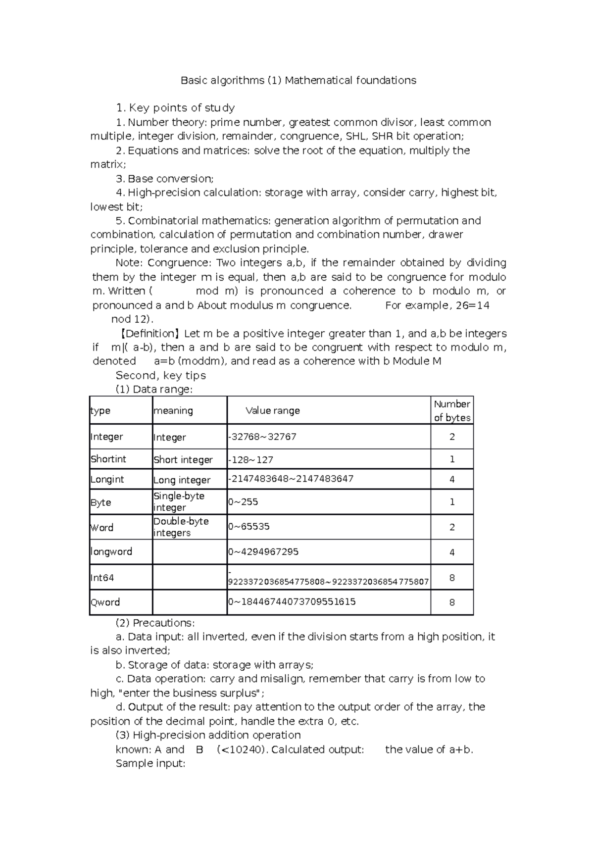 Basic algorithms (1) Mathematical foundations - Key points of study 1. Number theory: prime ...