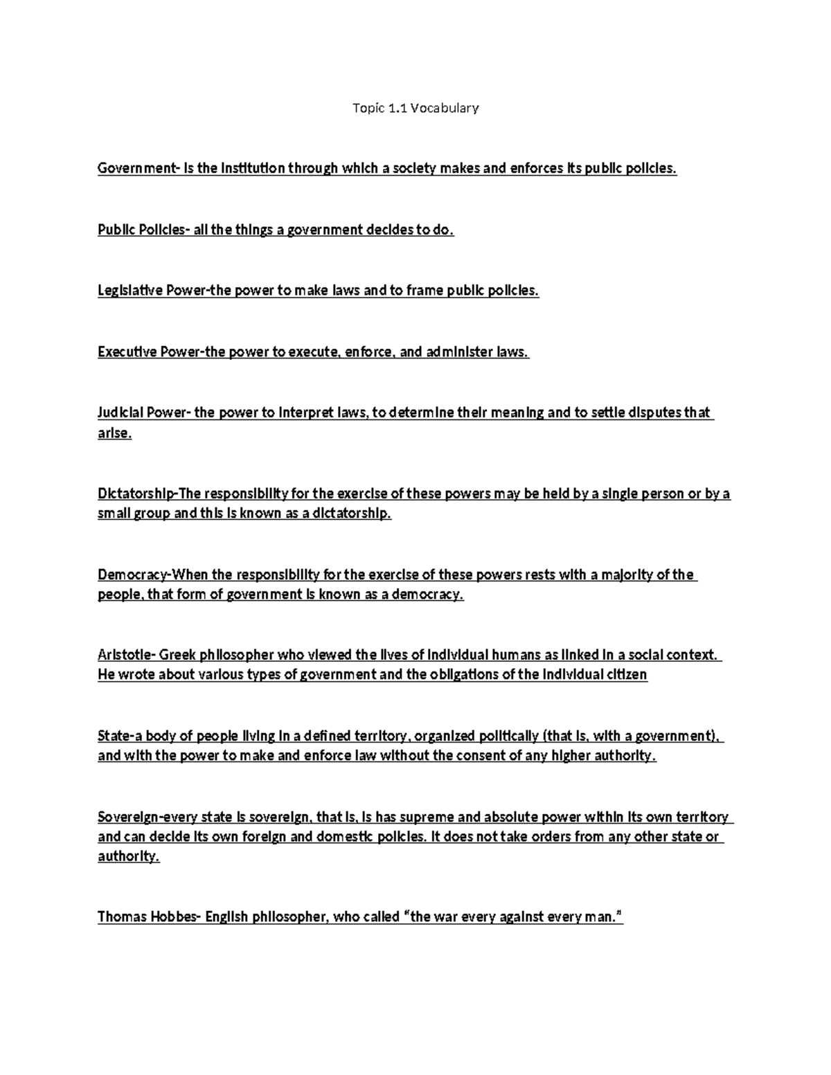 Vocab for government class - Topic 1 Vocabulary Government- is the ...