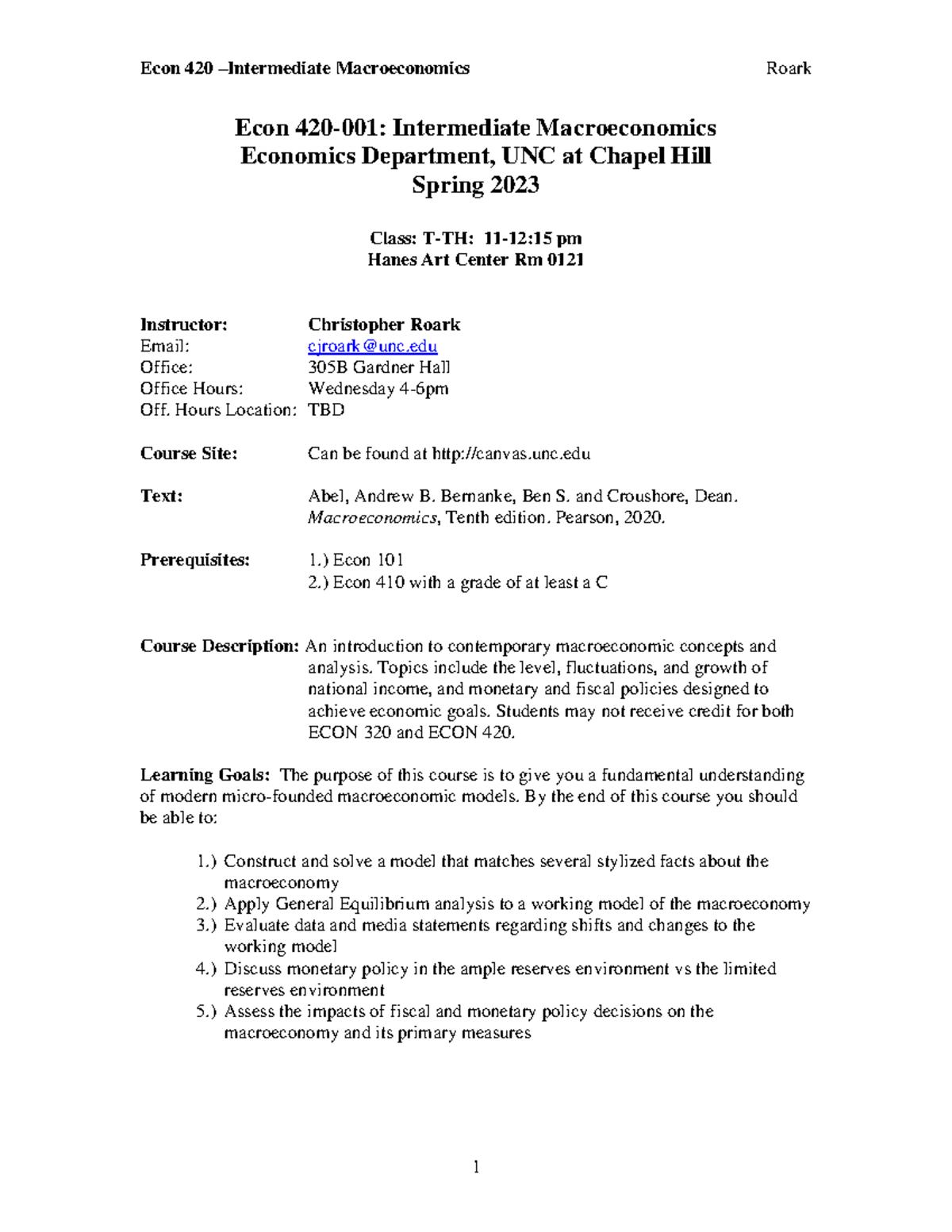 ECON 420 001 A 2232 - Econ 420 - 001 : Intermediate Macroeconomics Economics Department, UNC at ...