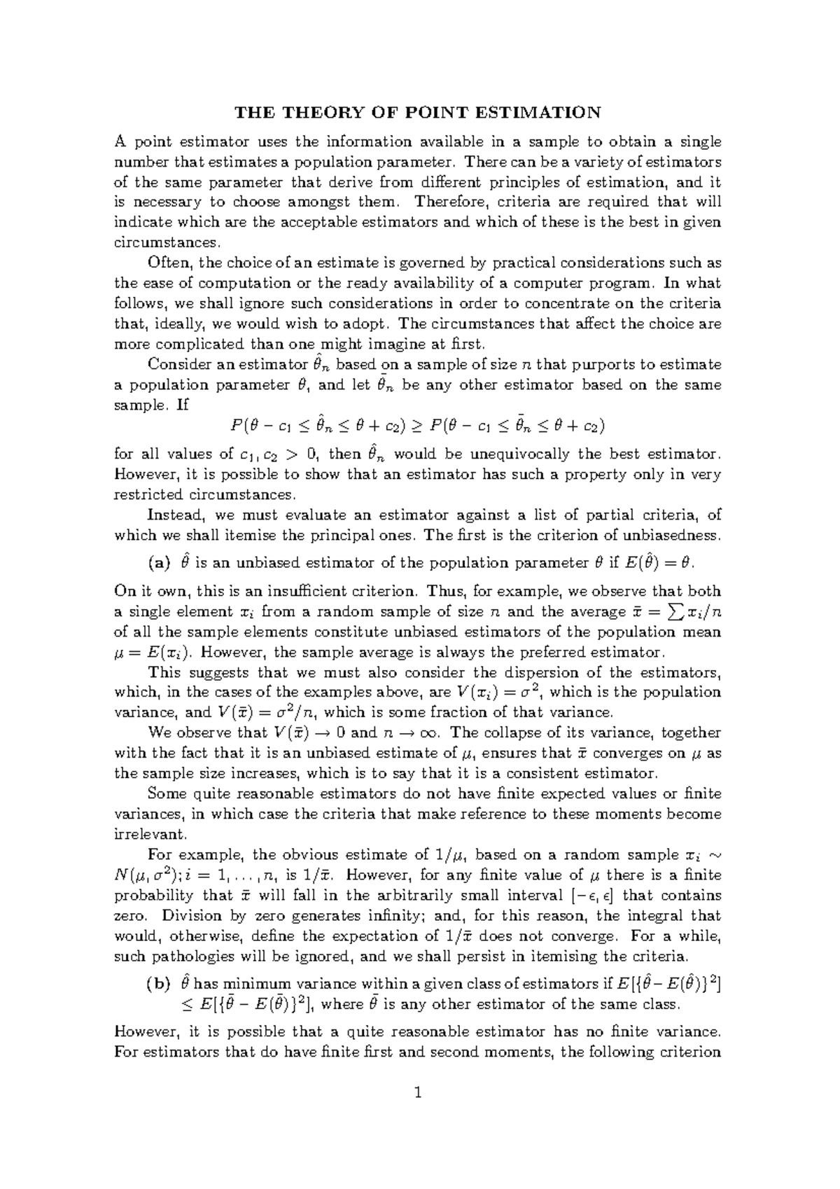 THE Theory OF Point Estimation - Lecture 9 - THE THEORY OF POINT ...