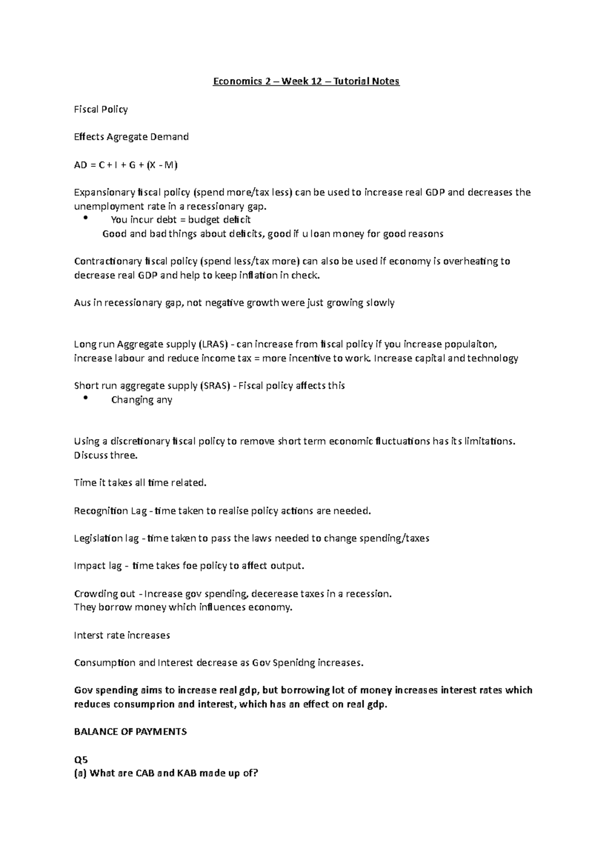 Economics 2 - Week 12 Tutorial Notes - Economics 2 – Week 12 – Tutorial ...