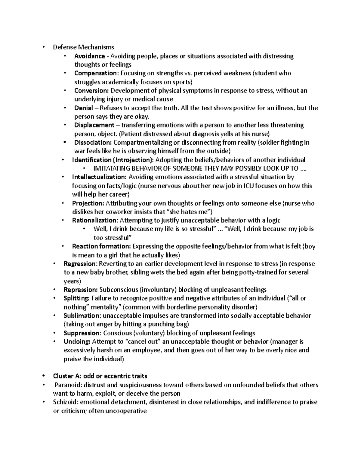 Final Study guide - Defense Mechanisms Avoidance - Avoiding people ...