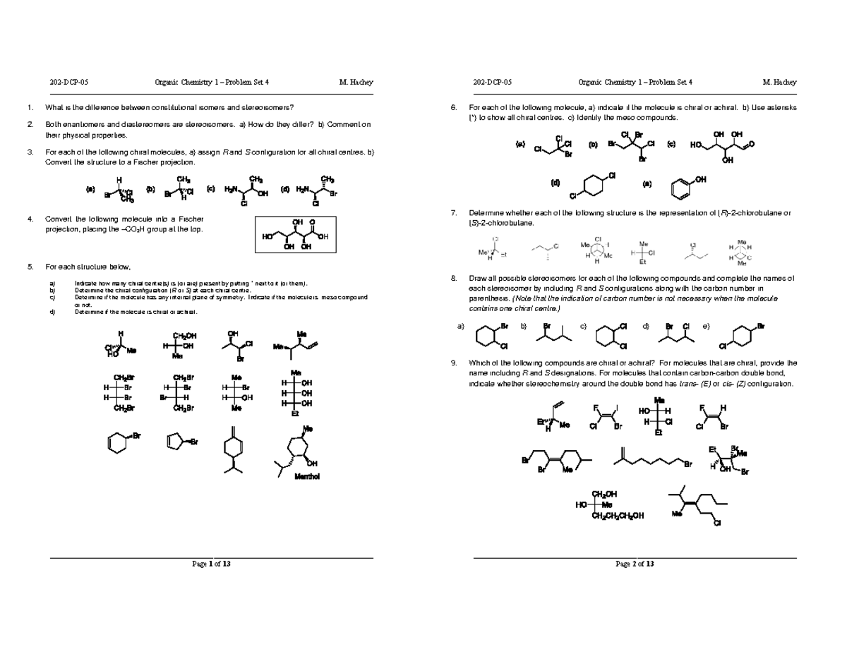 202-DCP Problem Set-4 With-Solutions Stereoisomers - 202 - DCP- 05 Organic Chemistry 1 – Problem ...