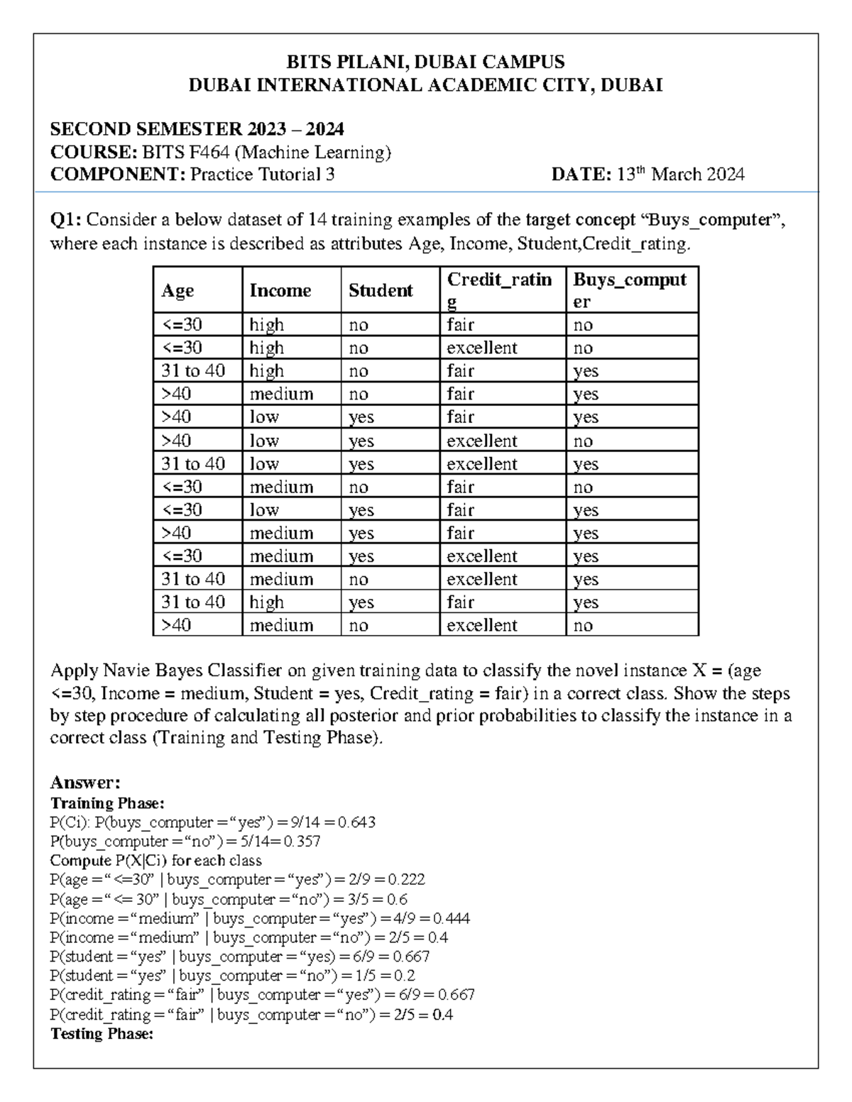 ML Practice Tutorial 3 answers - BITS PILANI, DUBAI CAMPUS DUBAI ...