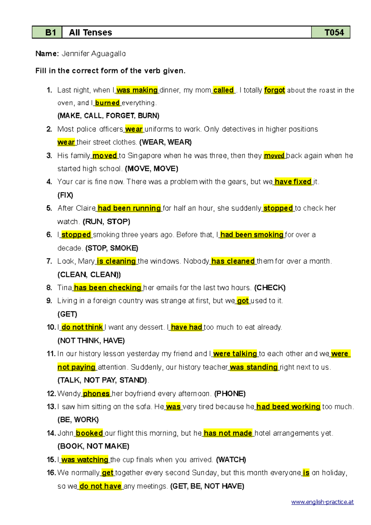 All Tenses - Grammar Review 1 - B1 All Tenses T Name: Jennifer ...