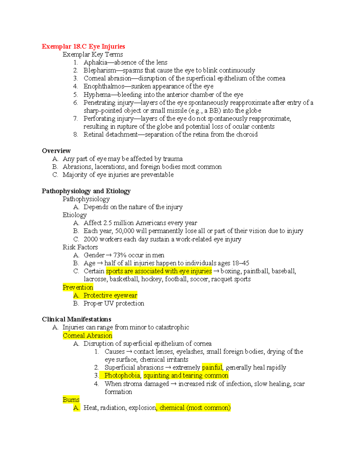 Sensory - Exemplar 18 Eye Injuries Exemplar Key Terms 1. Aphakia ...