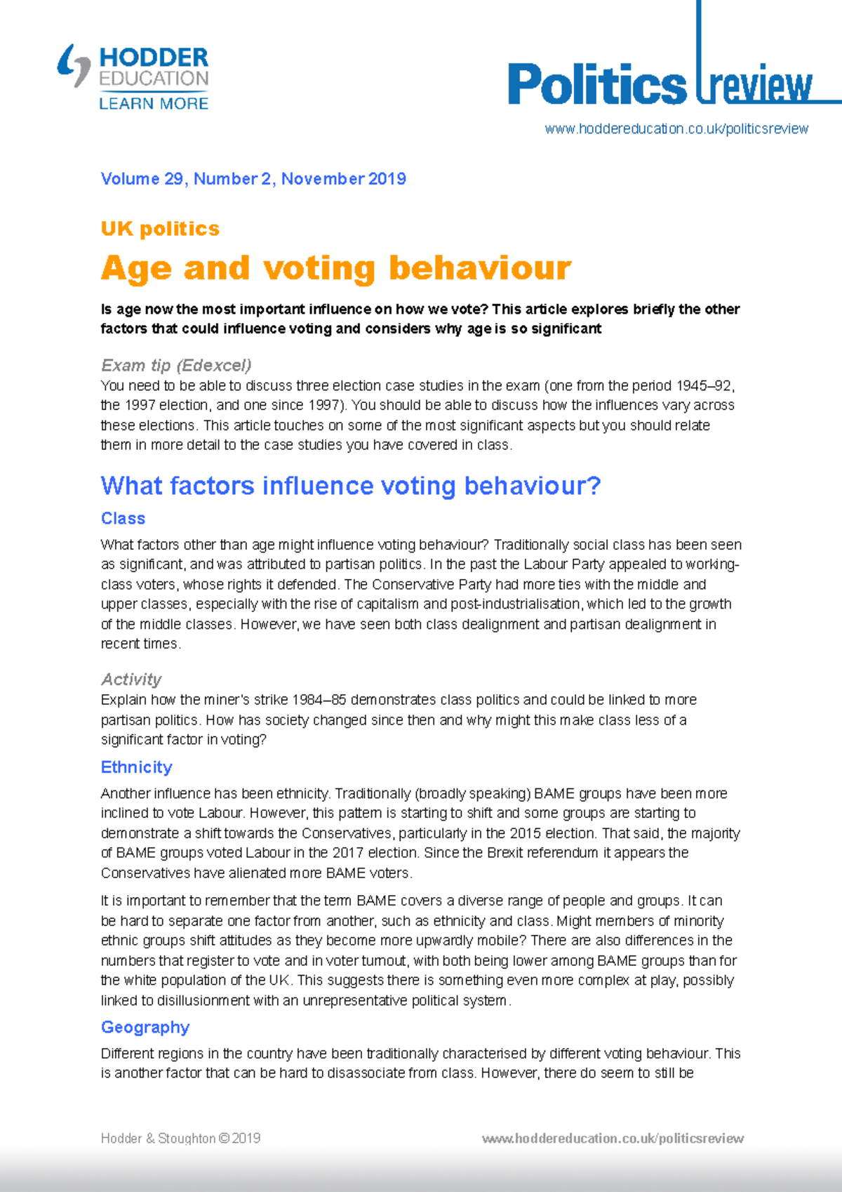 Politics Review 29 2 UK Voting - Volume 29, Number 2, November 2019 UK ...