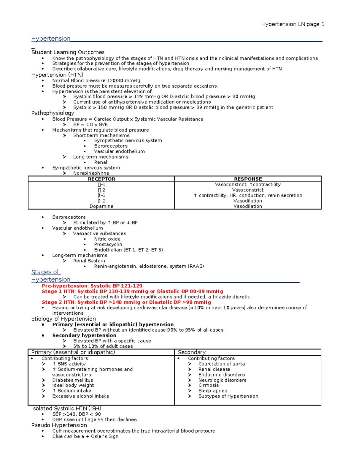 Hypertension Lecture Slides - Hypertension LN page 1 Hypertension - Studocu
