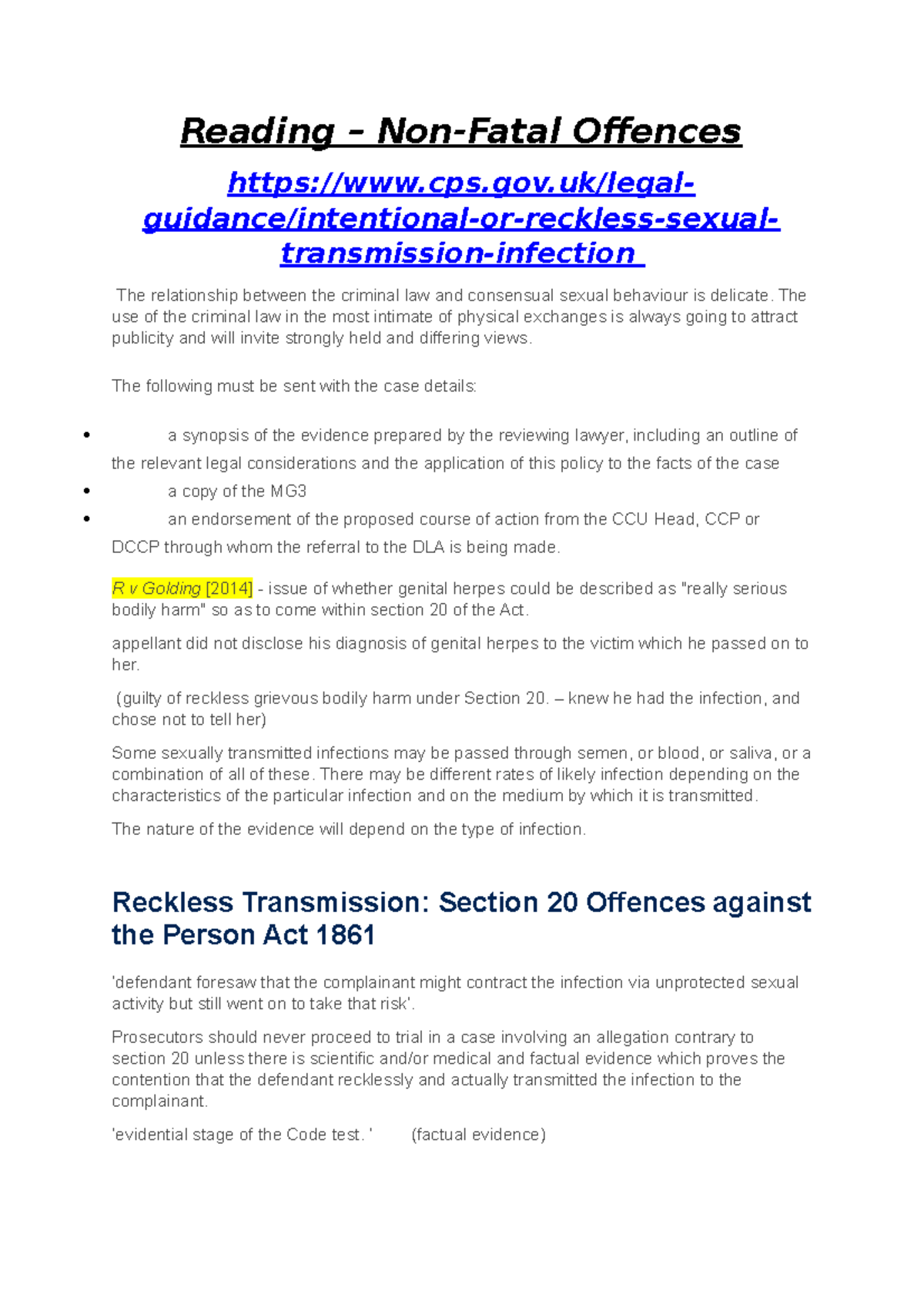Reading - Non-fatal Offences STIs - Reading – Non-Fatal Offences cps.gov/legal- - Studocu