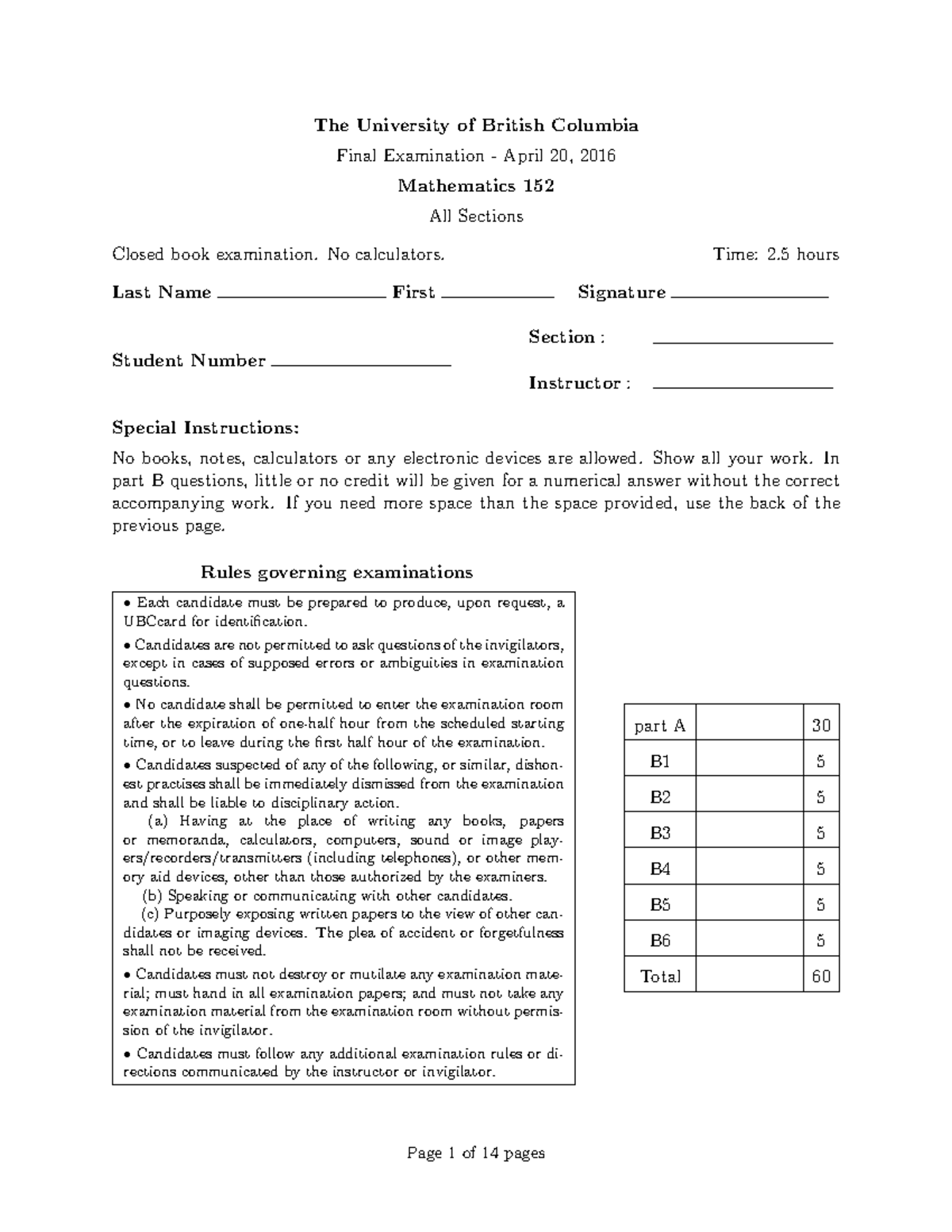 2015 math 152 exam - 2015 EXAM - The University of British Columbia ...