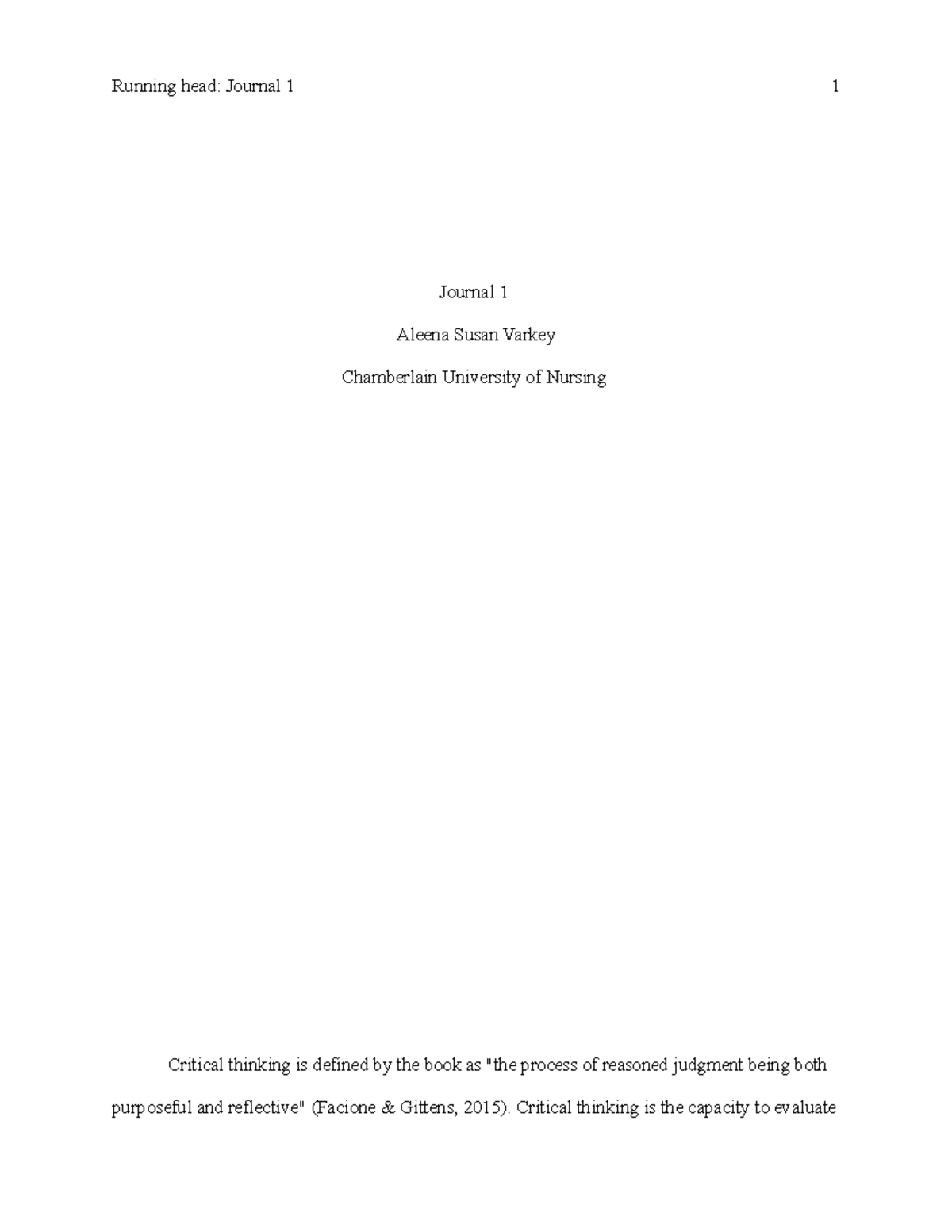 Journal 1 - Running head: Journal 1 1 Journal 1 Aleena Susan Varkey ...