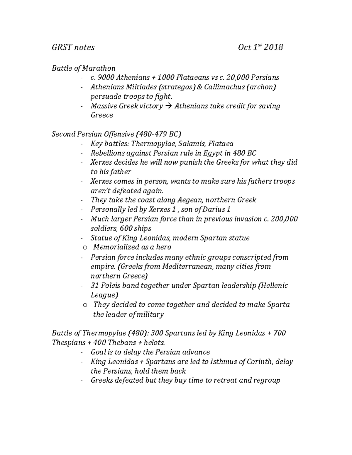 GRST notes - GRST notes Oct 1st 2018 Battle of Marathon - c. 9000 ...