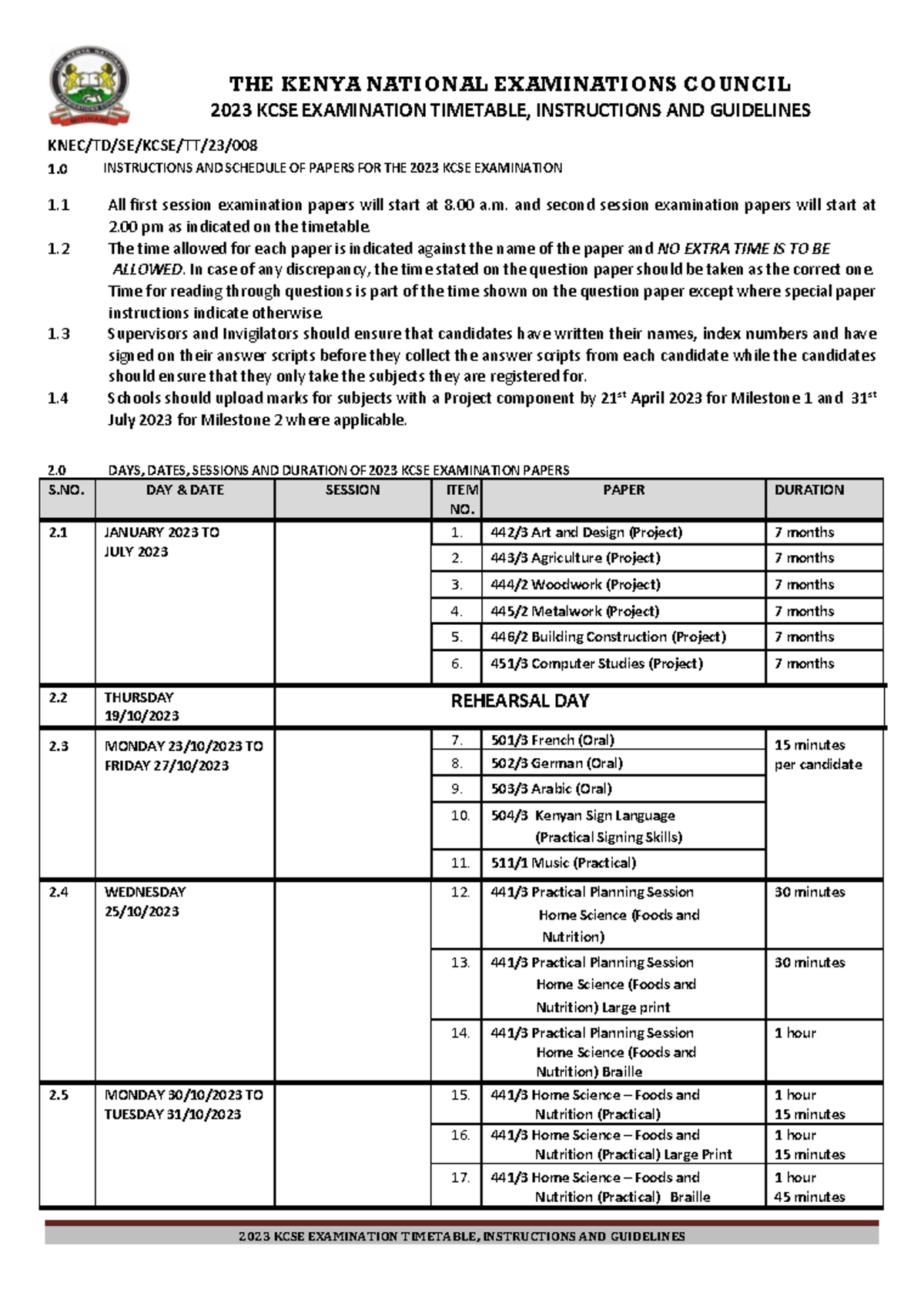 2023 KCSE Timetable 02 - THE KENYA NATIONAL EXAMINATIONS COUNCIL 2023 ...