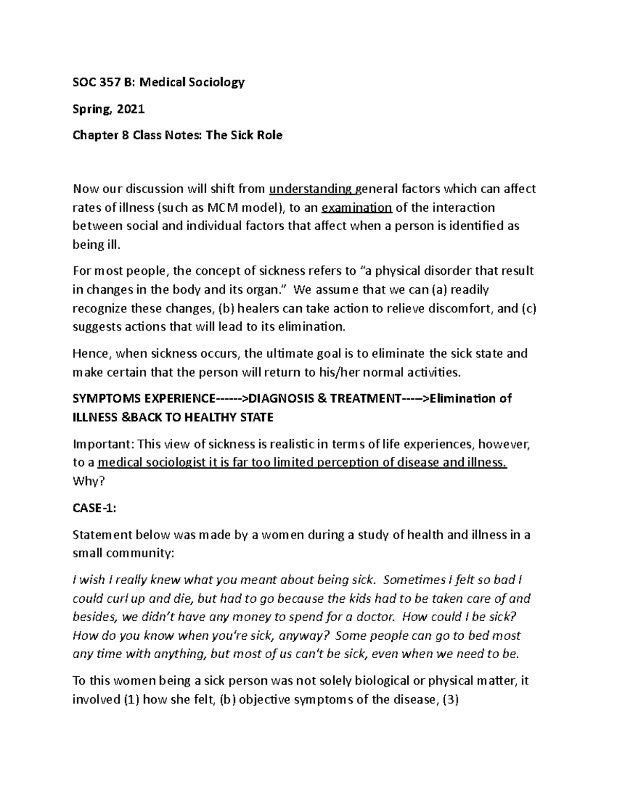 SOC 357 Chapter 8 Sick Role notes (1) - SOC 357 B: Medical Sociology ...