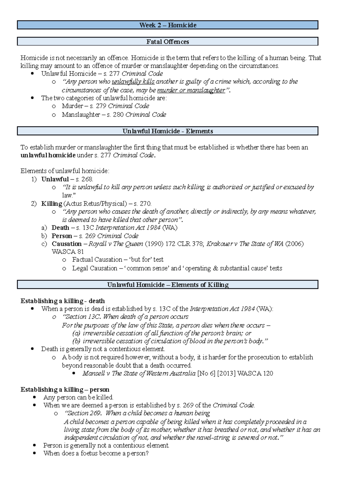 Week 2 – Homicide - Lecture notes 2 - Week 2 – Homicide Fatal Offences ...