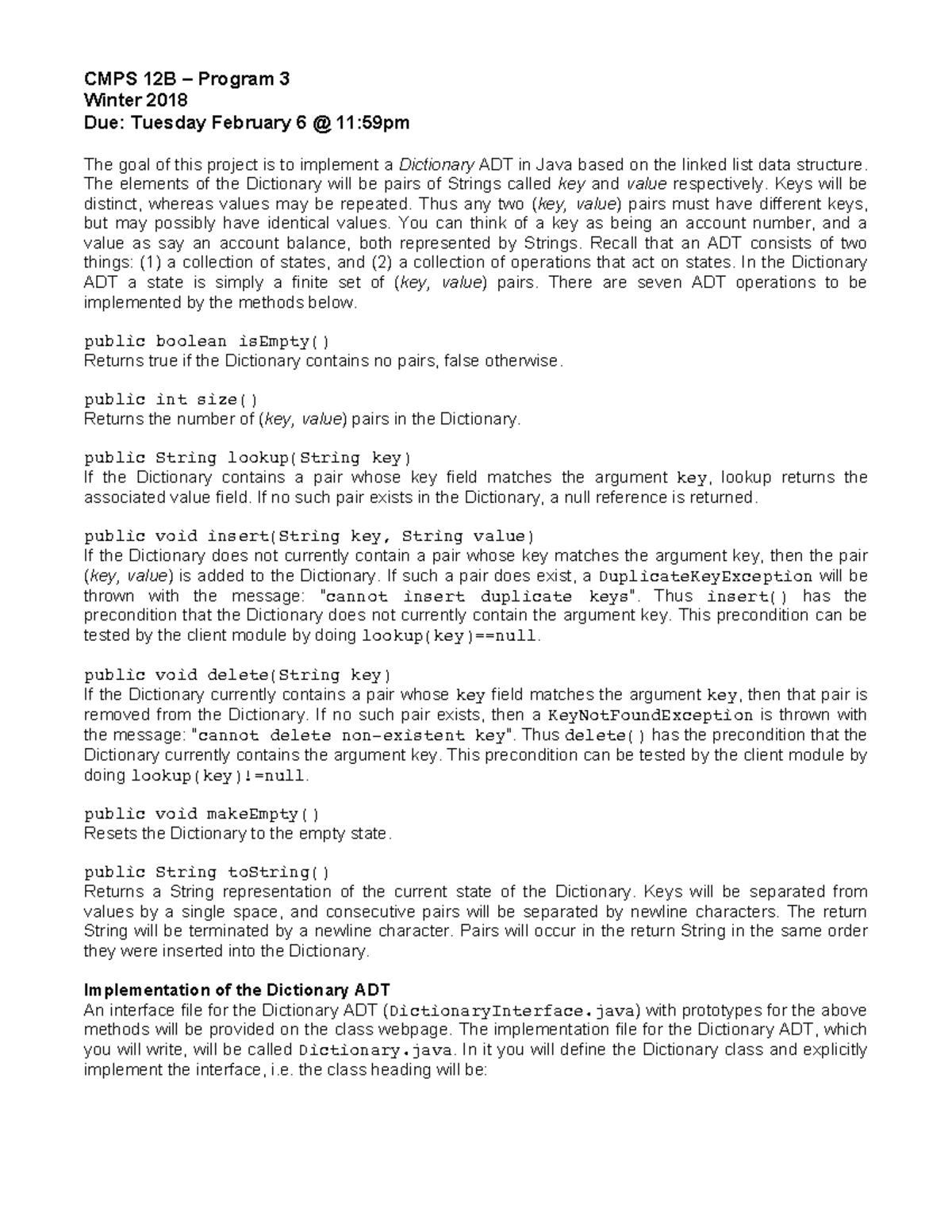 Program 3 - CMPS 12B Program 3 Winter 2018 Due: Tuesday February 6 11 ...