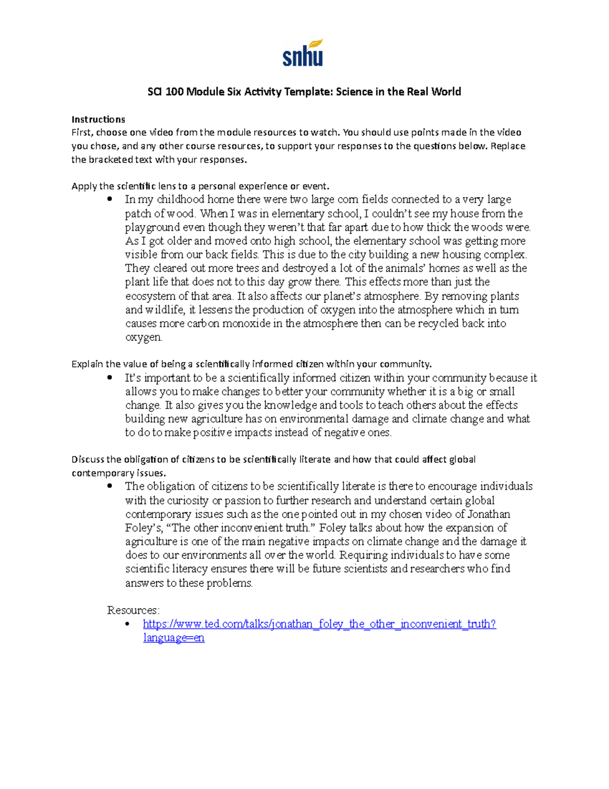 SCI 100 Module Six Activity Homework - SCI 100 Module Six Activity ...