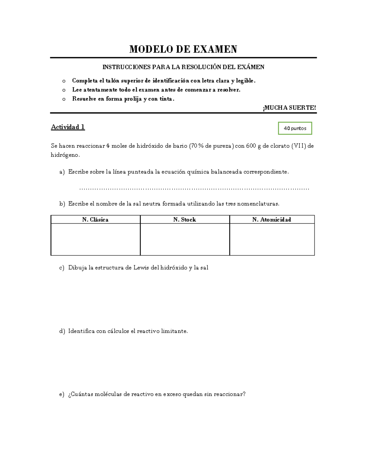 Modelo DE Examen - ........ - MODELO DE EXAMEN INSTRUCCIONES PARA LA ...