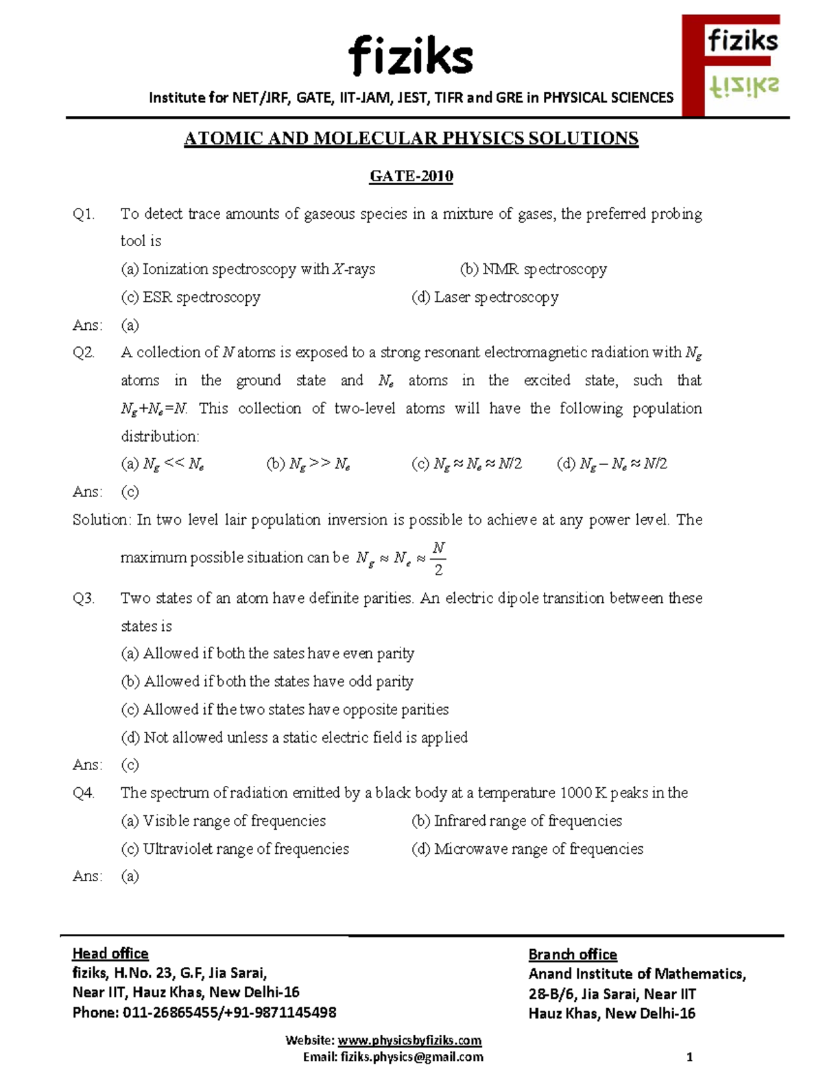 7.Atomic and Molecular Physics GATE 2010-2017 - Institute for NET/JRF ...