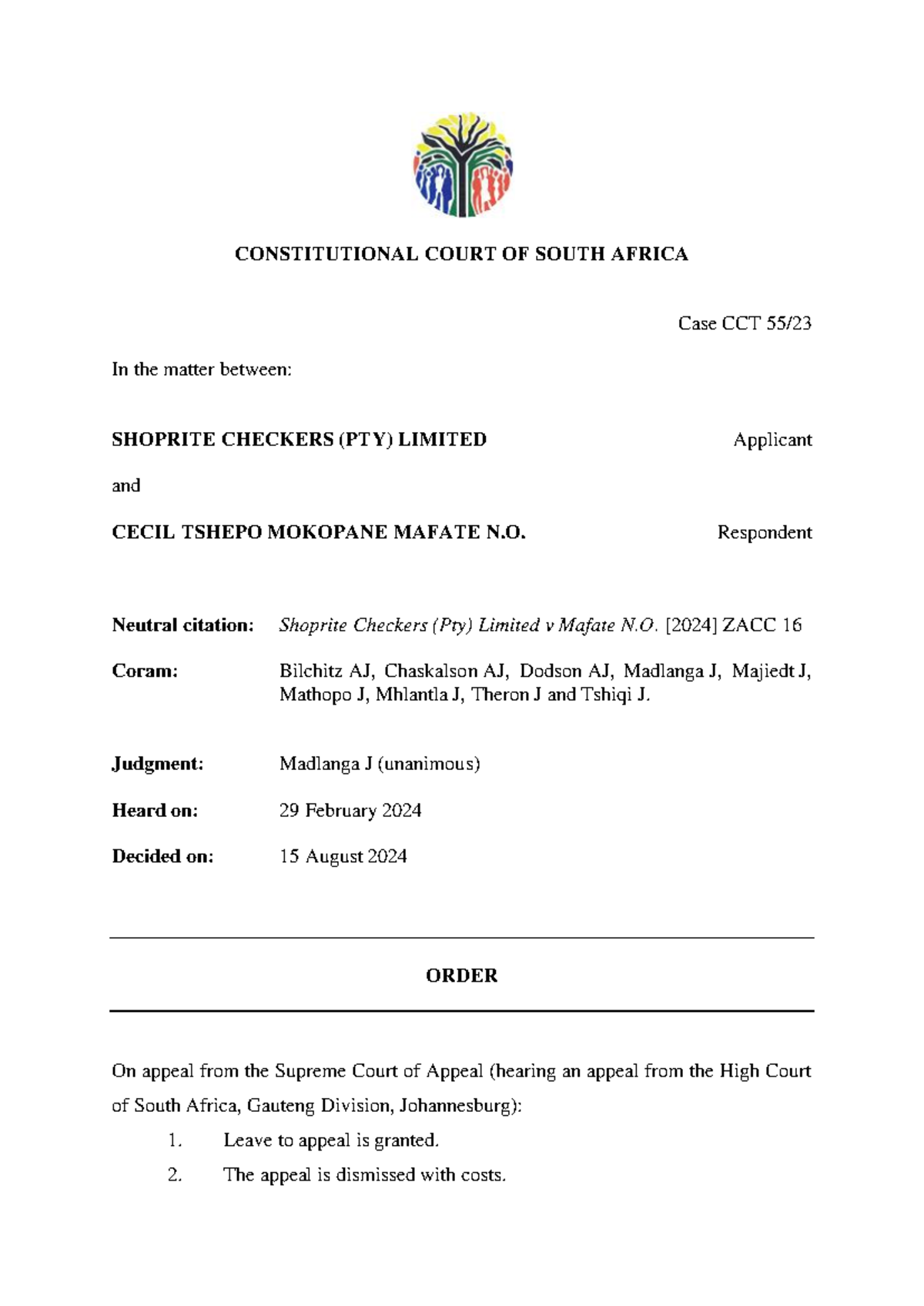 Shoprite checkers case - CONSTITUTIONAL COURT OF SOUTH AFRICA Case CCT ...