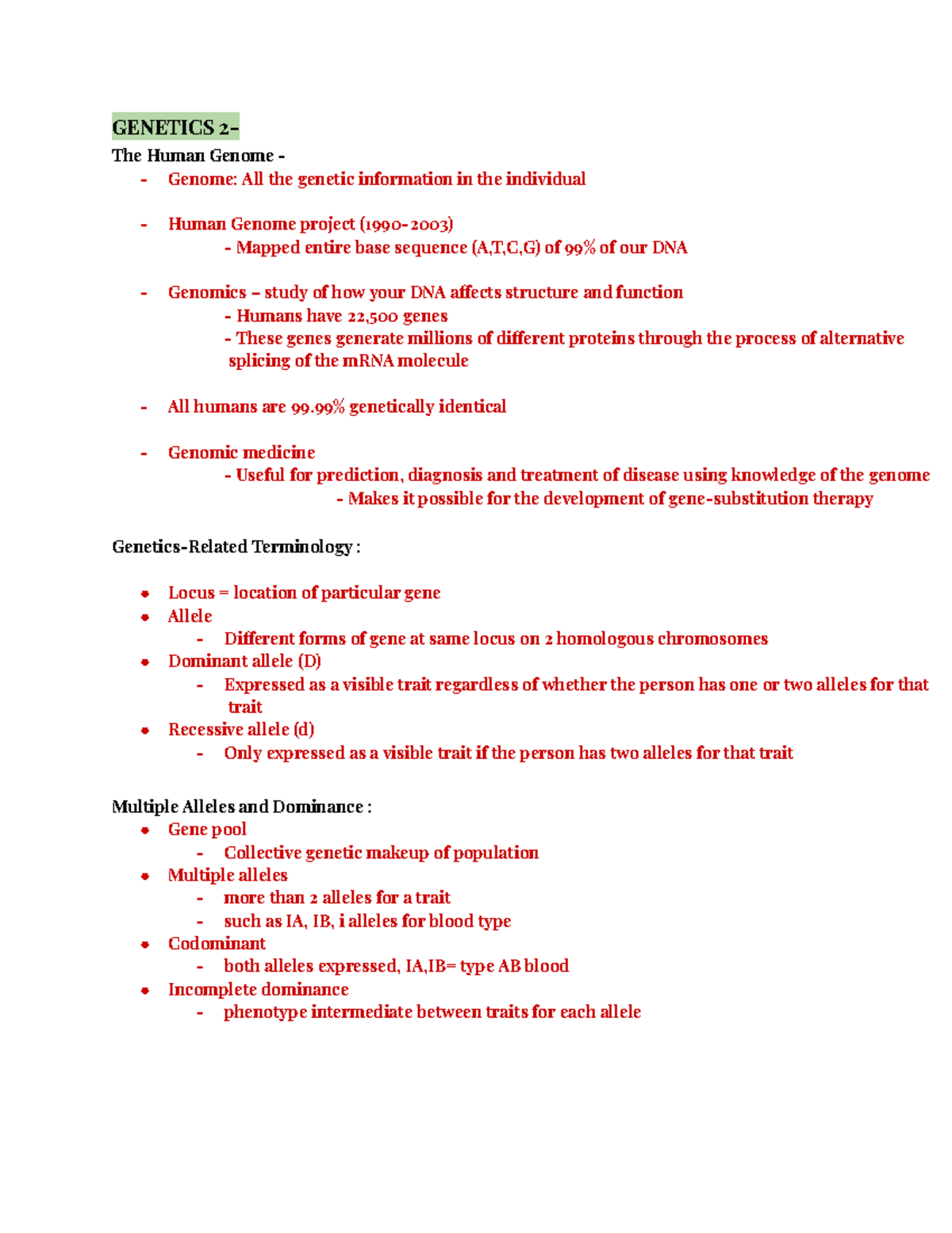 Section 2 bio notes - GENETICS 2- The Human Genome - Genome: All the ...