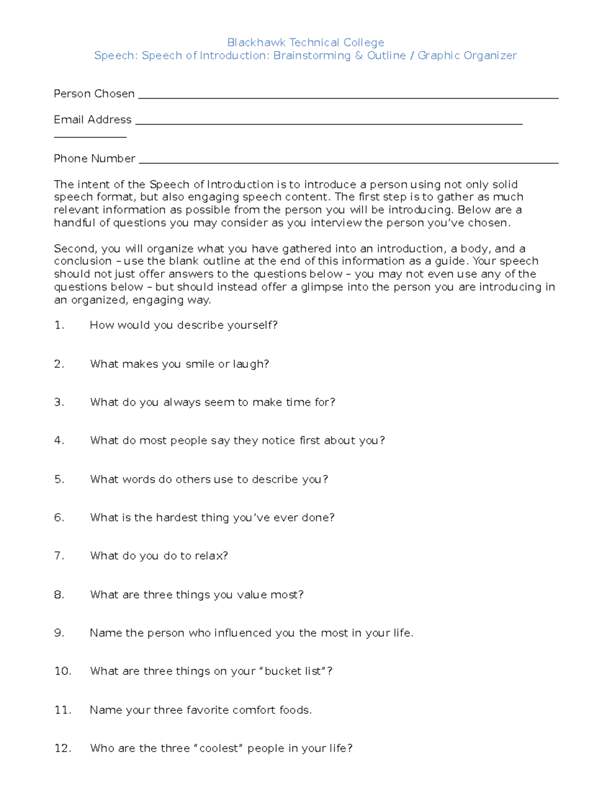 Speech of Introduction Research and Outline (Graphic Organizer ...