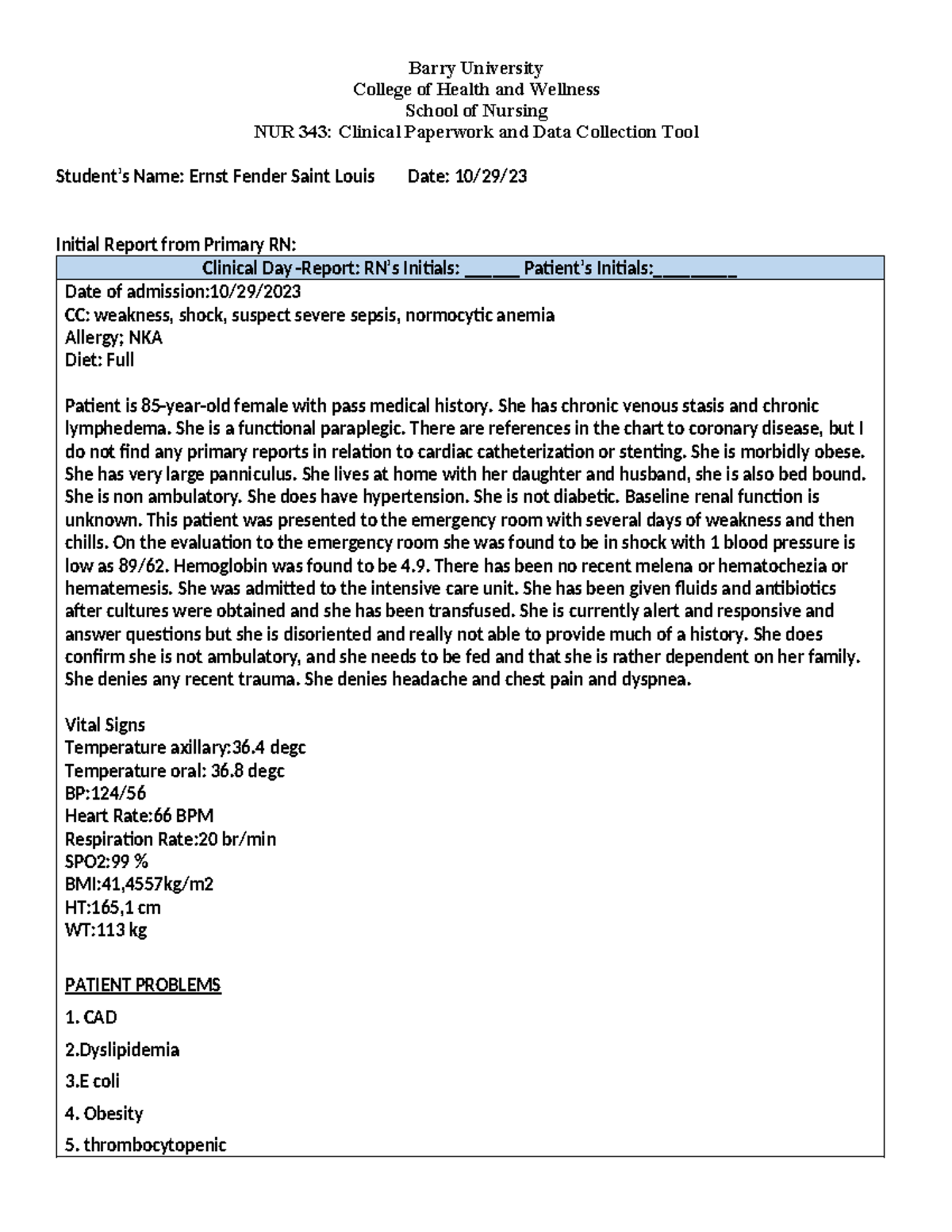 NUR+343+Clinical w - good clinical paper work - Barry University ...