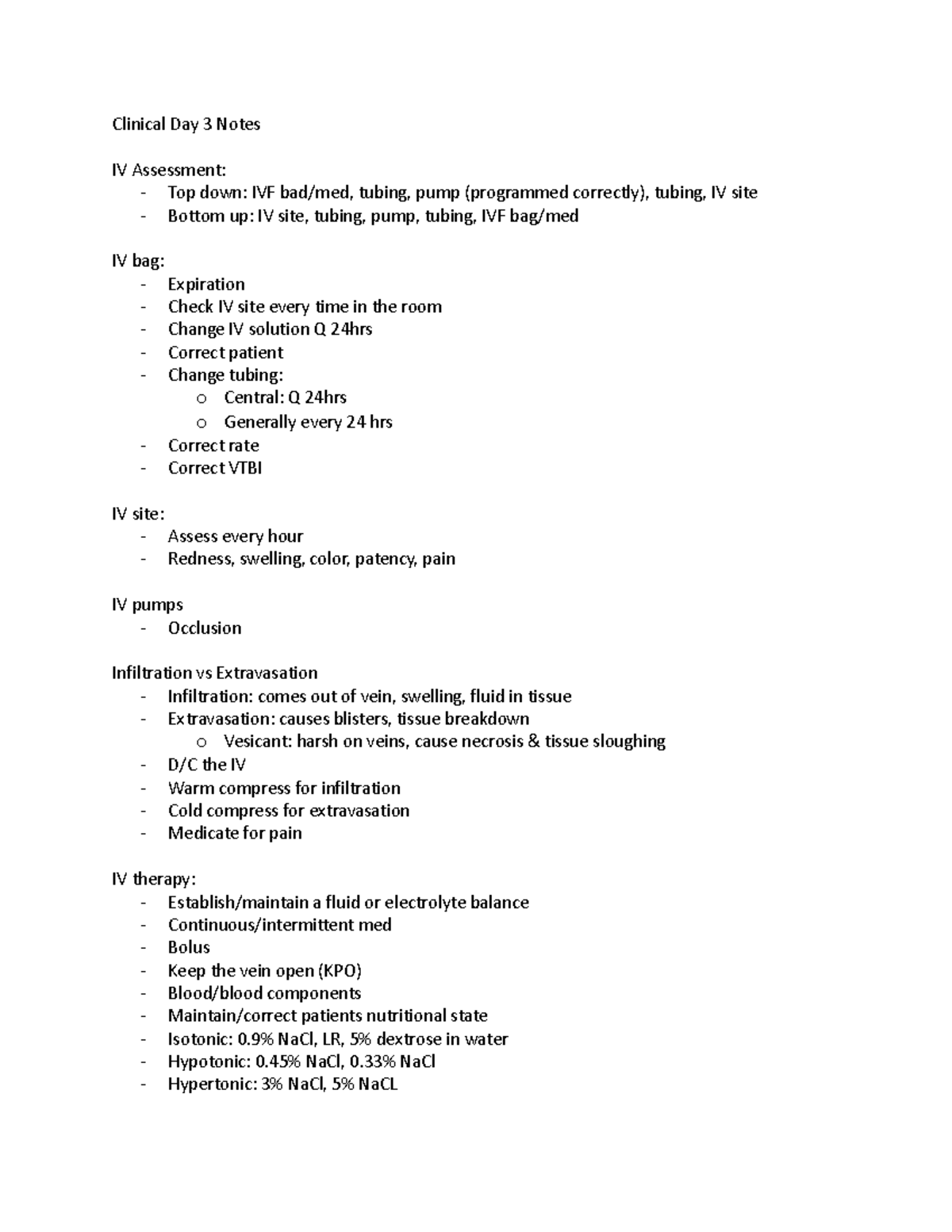 Clinical Day 3 Notes PEDS - Clinical Day 3 Notes IV Assessment: - Top ...