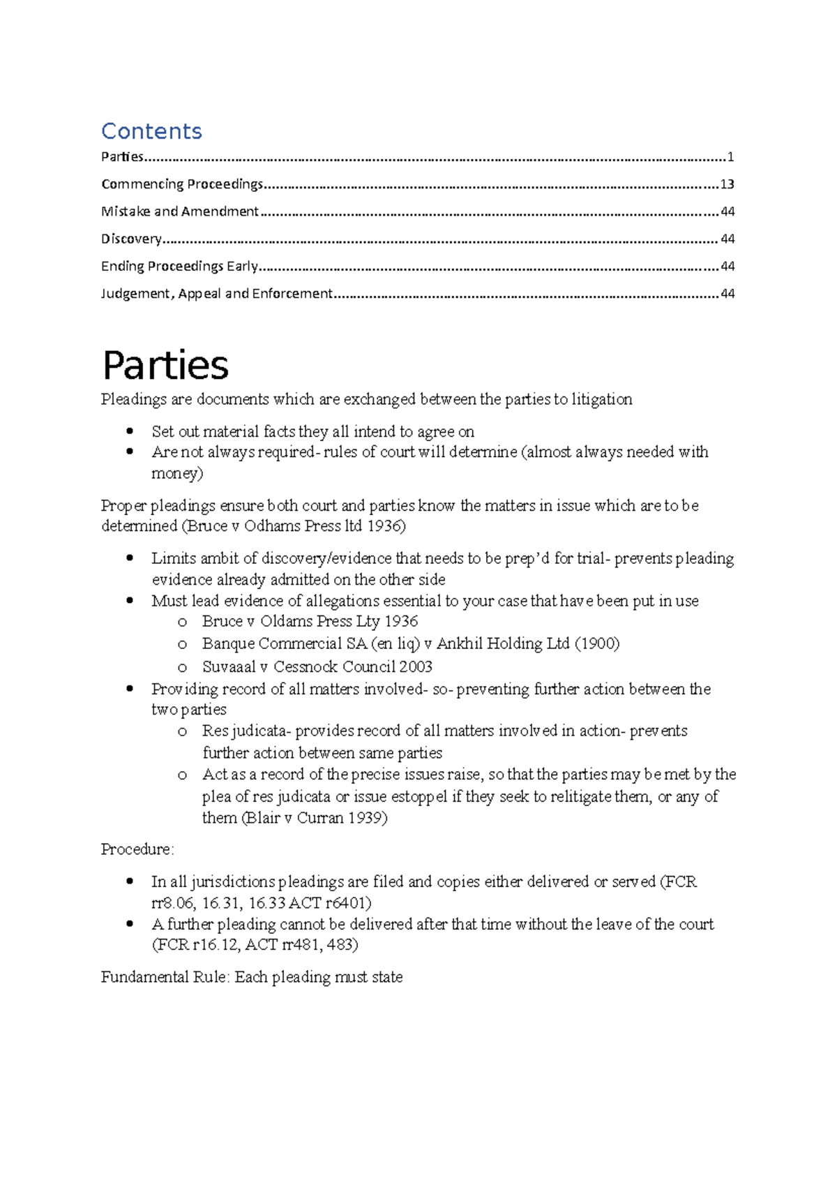 Litigation Notes - Contents - Studocu