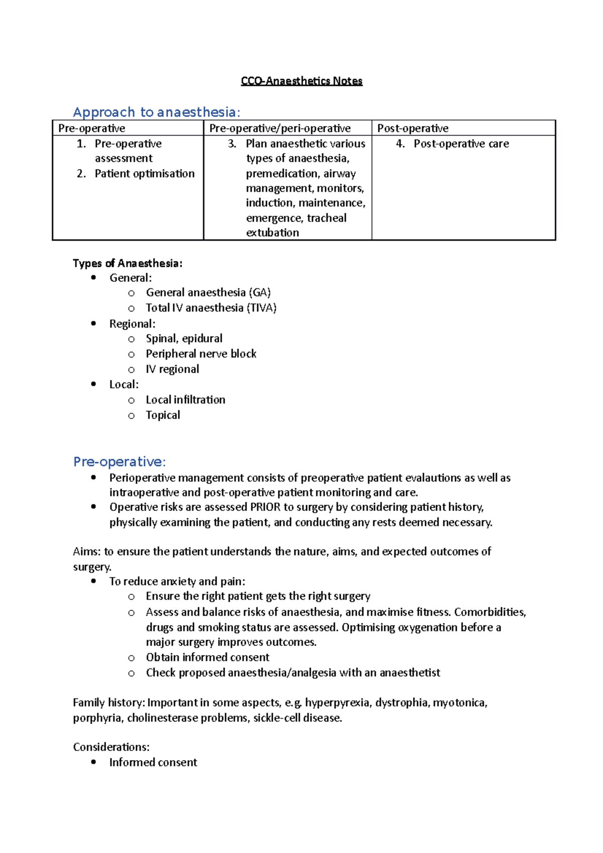 CCO-Anaesthetics - Anaesthetic notes - CCO-Anaestheics Notes Approach ...