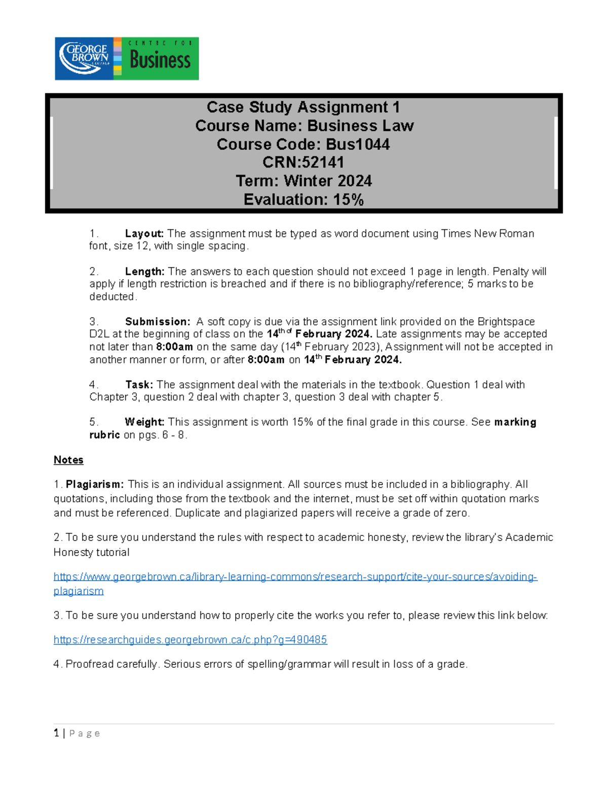 Assignment 1 Business Law- Winter 2024 1 - Case Study Assignment 1 Course Name: Business Law ...