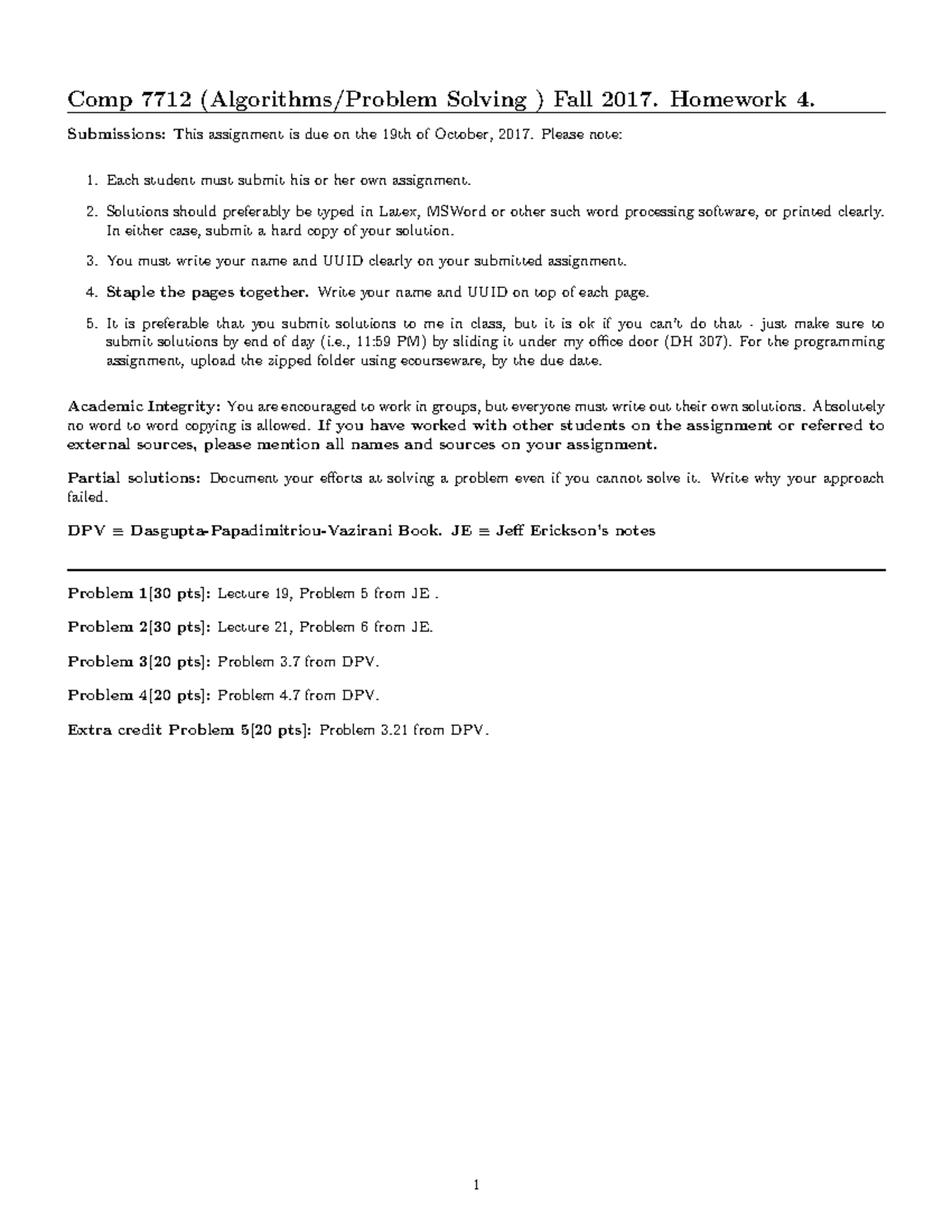 Homework 4 Algo Comp 7712 Algorithmsproblem Solving Fall 2017