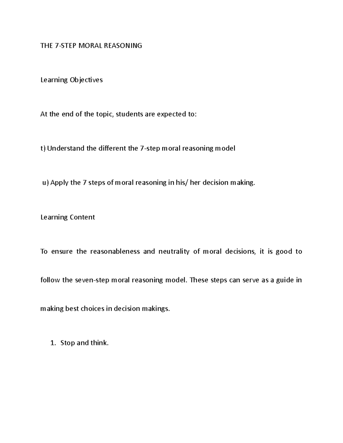 Ethics 1- THE 7-STEP Moral Reasoning - THE 7-STEP MORAL REASONING ...