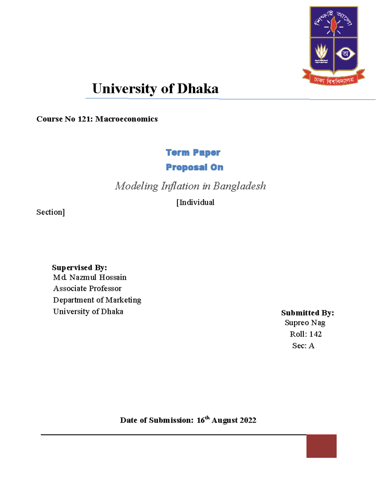 289877170 Term Paper Proposal 1 pdf - 1 University of Dhaka Course No ...