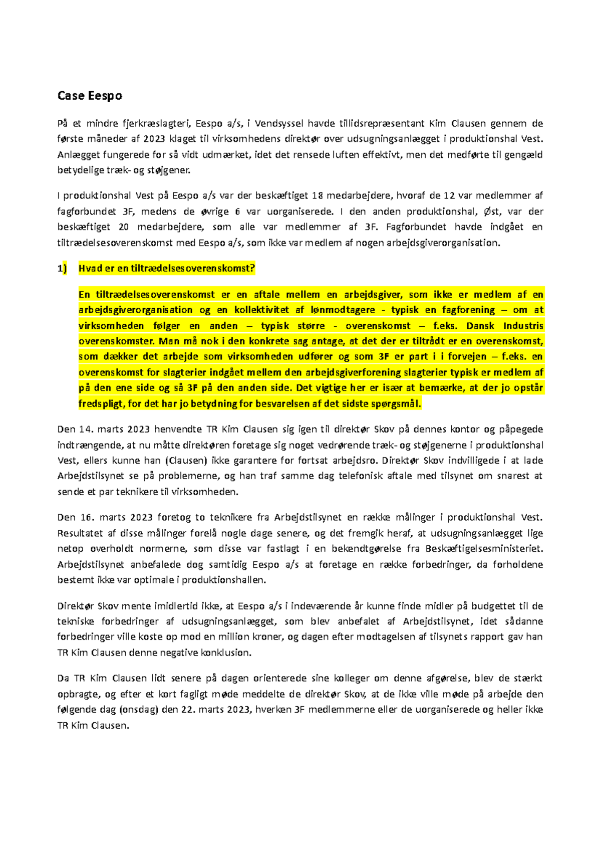 Case Eespo - E23 - Eksamen - kollektiv arbejdsret - Case Eespo På et ...