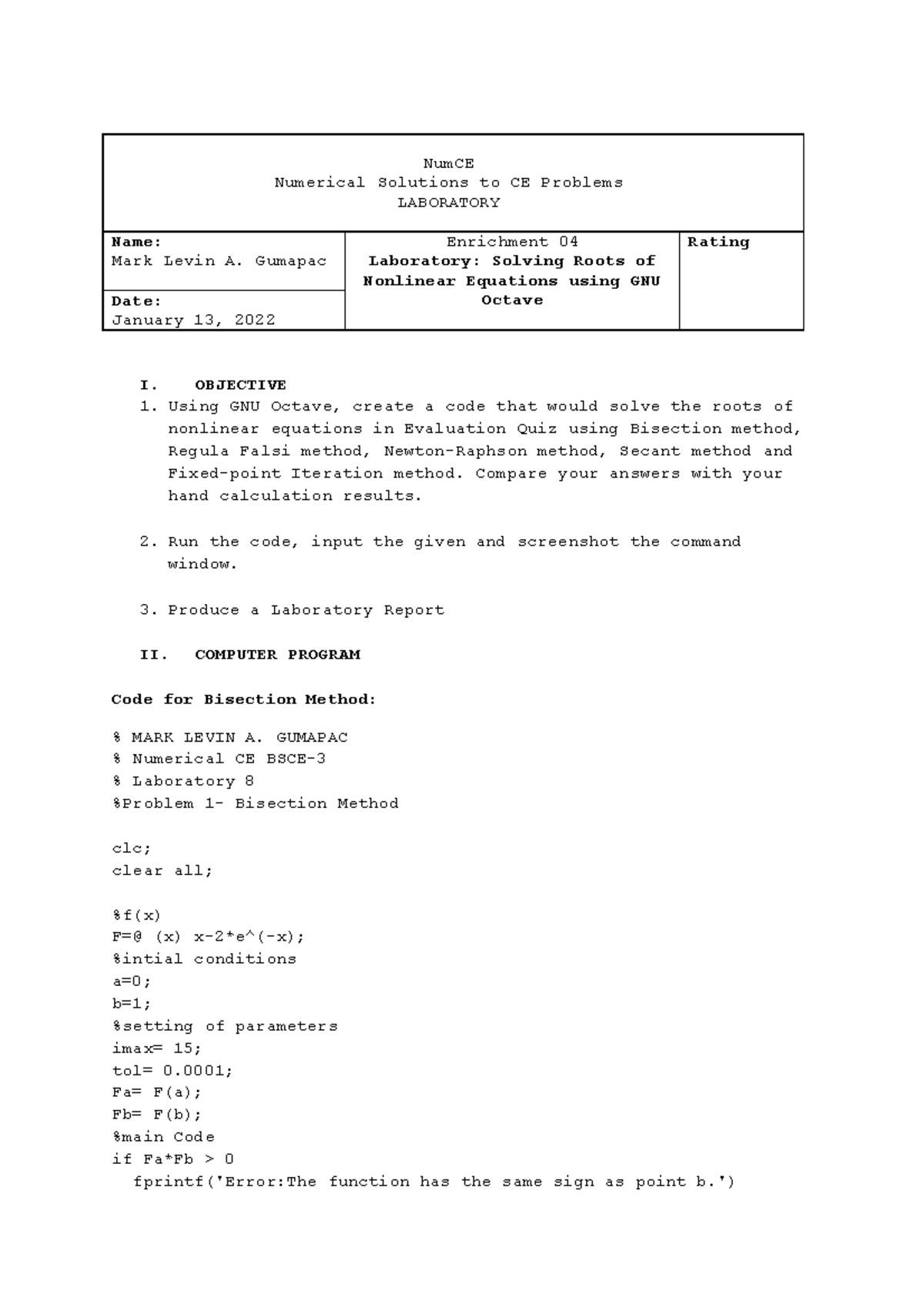 Numce - NumCE Numerical Solutions to CE Problems LABORATORY Name: Mark ...