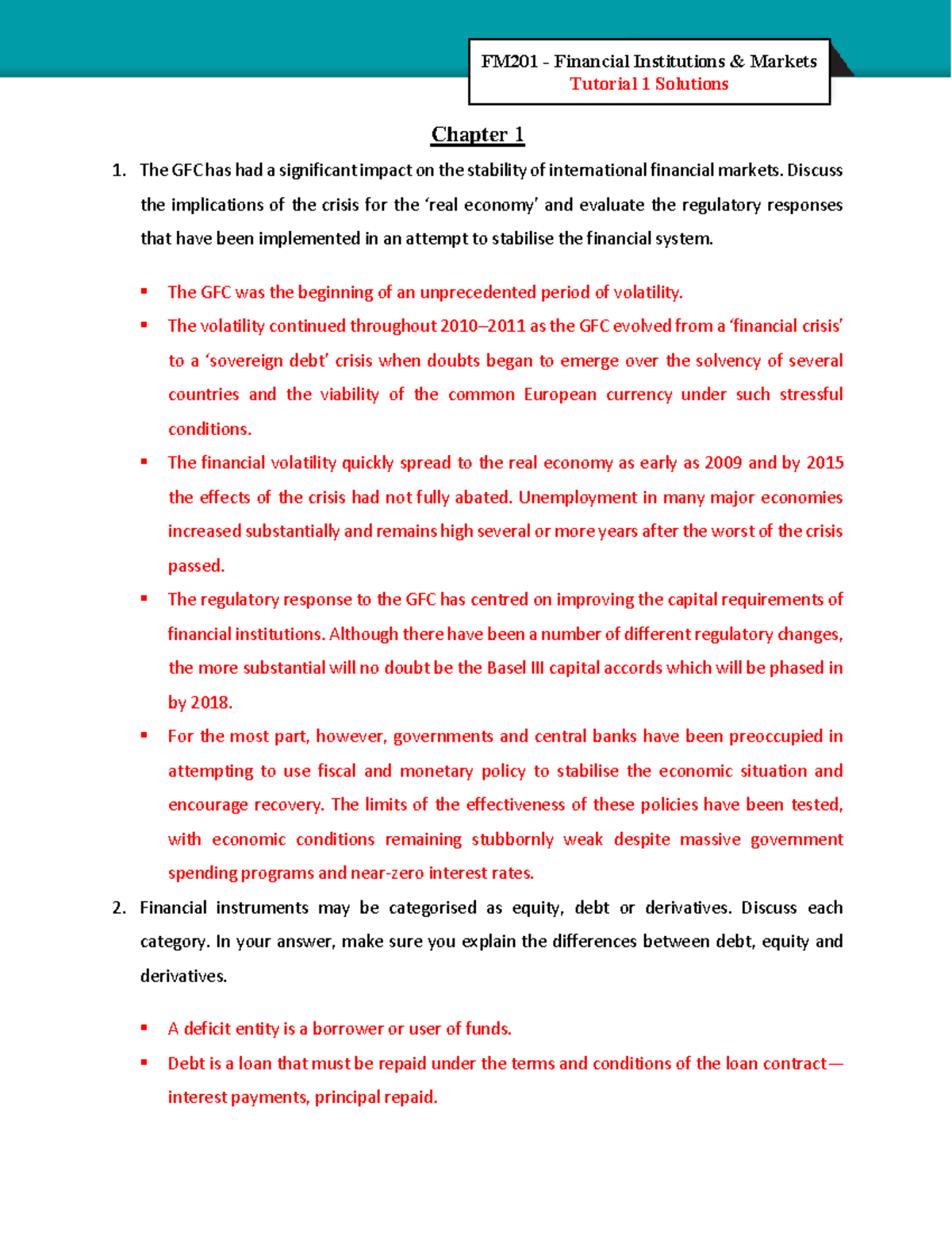 Tutorial 1 Solutions - course material - FM201 - Financial Institutions ...