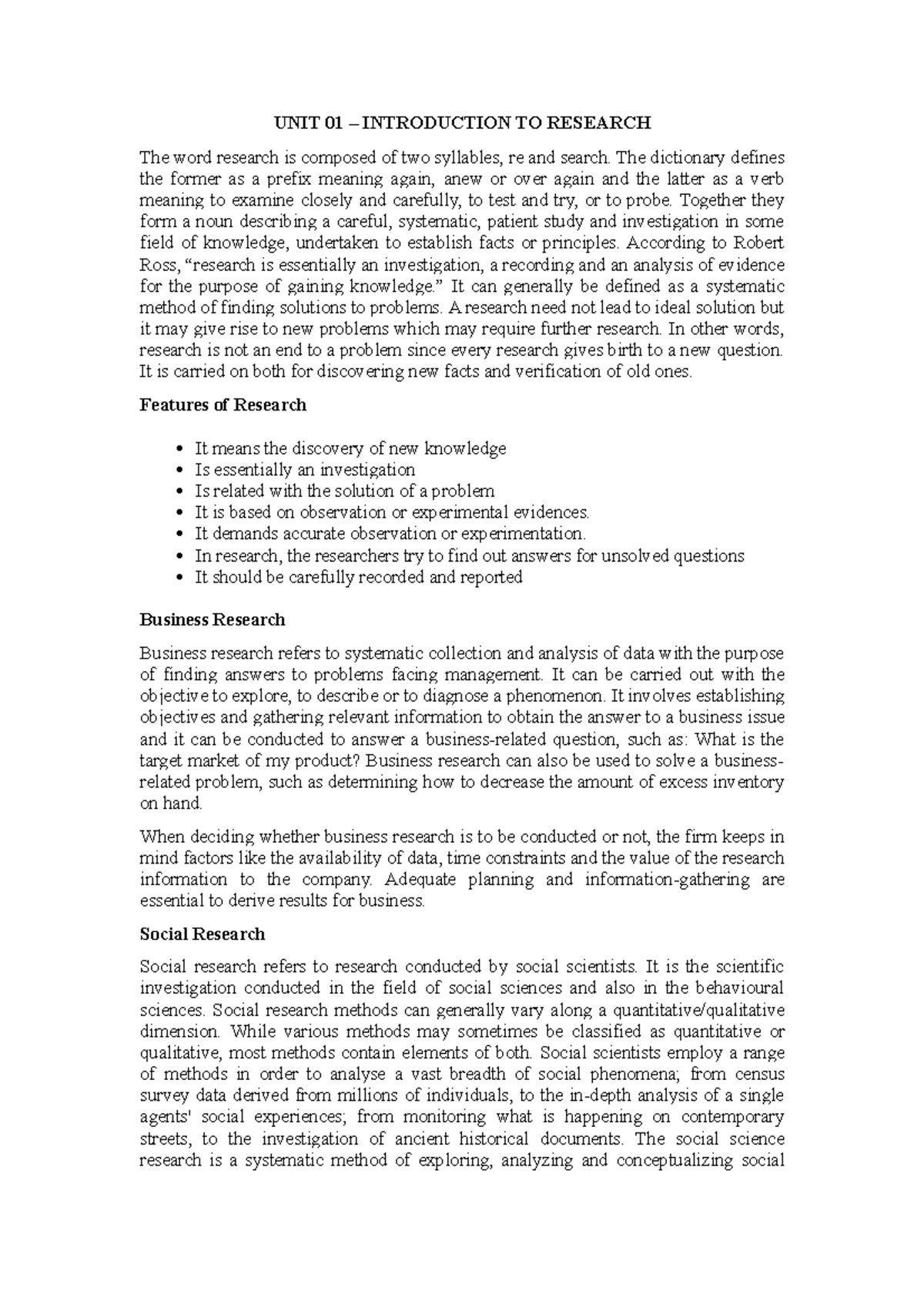 BRM1 - Lecture notes 1 - UNIT 01 – INTRODUCTION TO RESEARCH The word ...