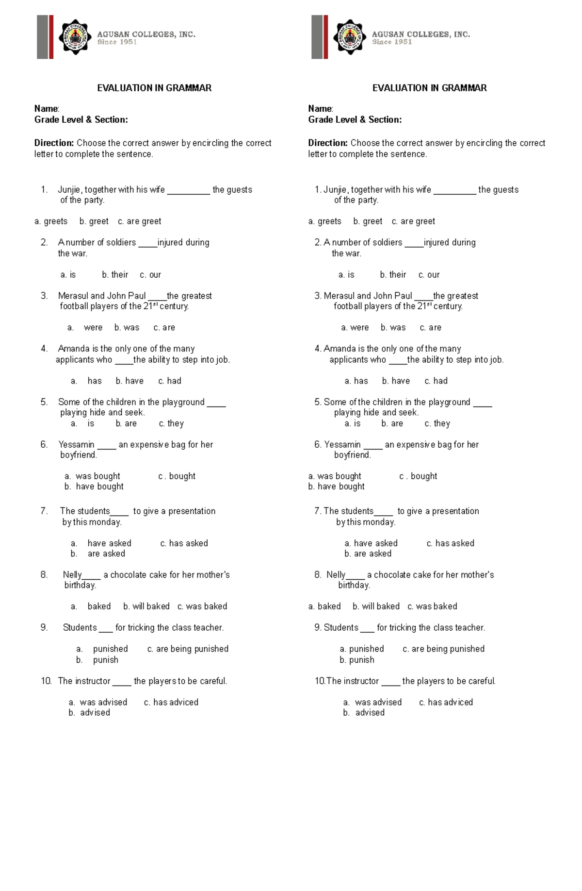 Template-FOR- Questionnaire-TA- Grammar - EVALUATION IN GRAMMAR Name ...